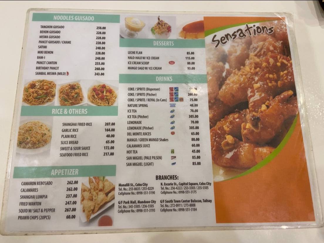 Menu at Manila Foodshoppe restaurant, Cebu City, 7R8V+Q6C