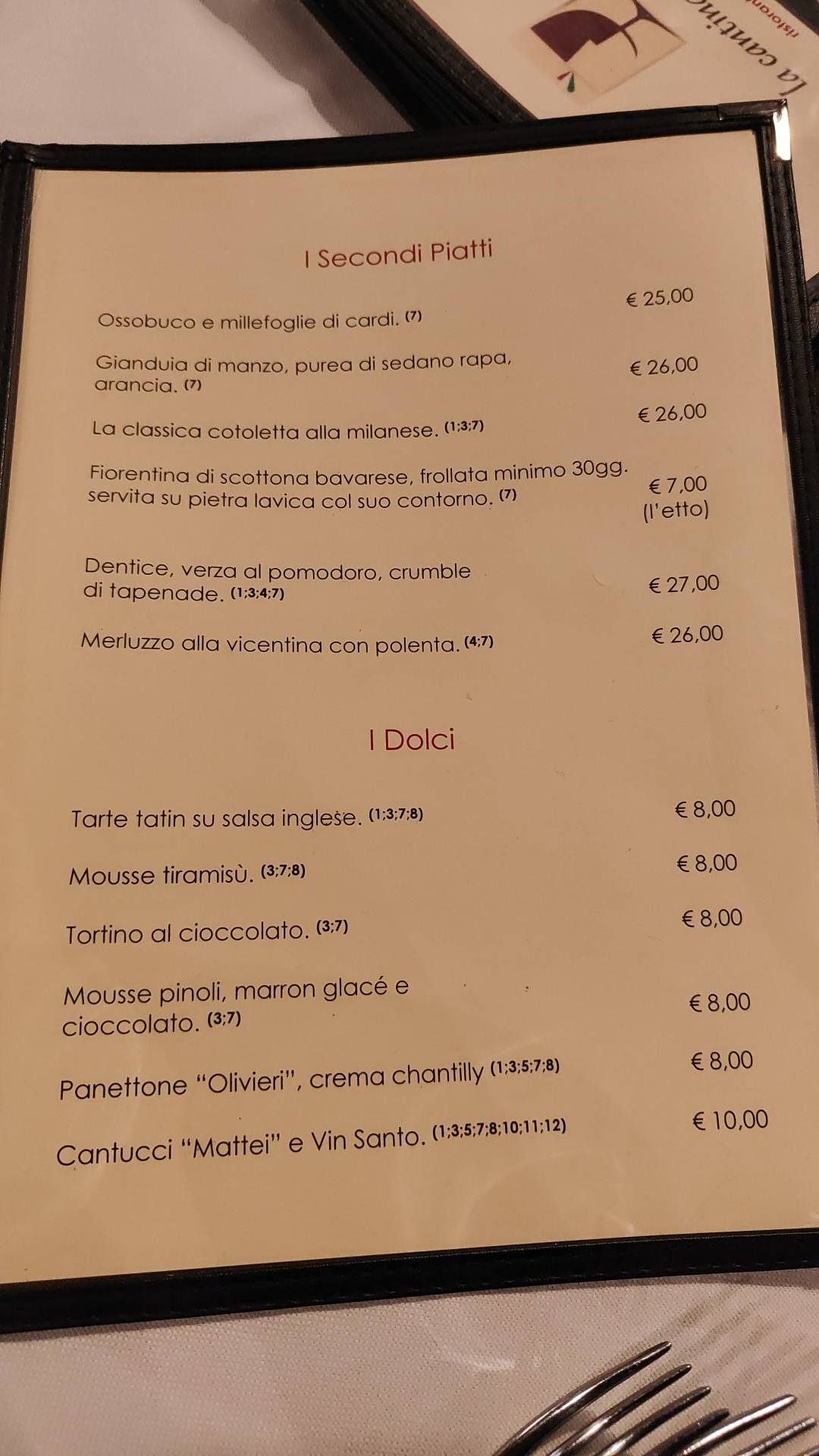 Menu at Manuela's cellar pub & bar, Milan, Via Carlo Poerio