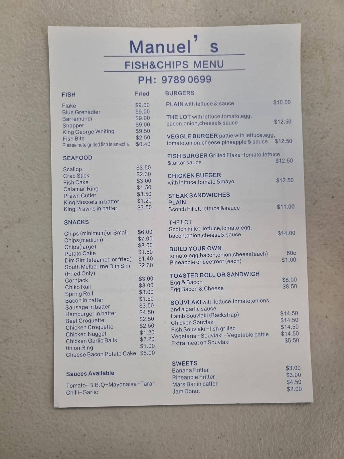 Menu at Manuel's Fish And Chips Langwarrin fast food, Langwarrin
