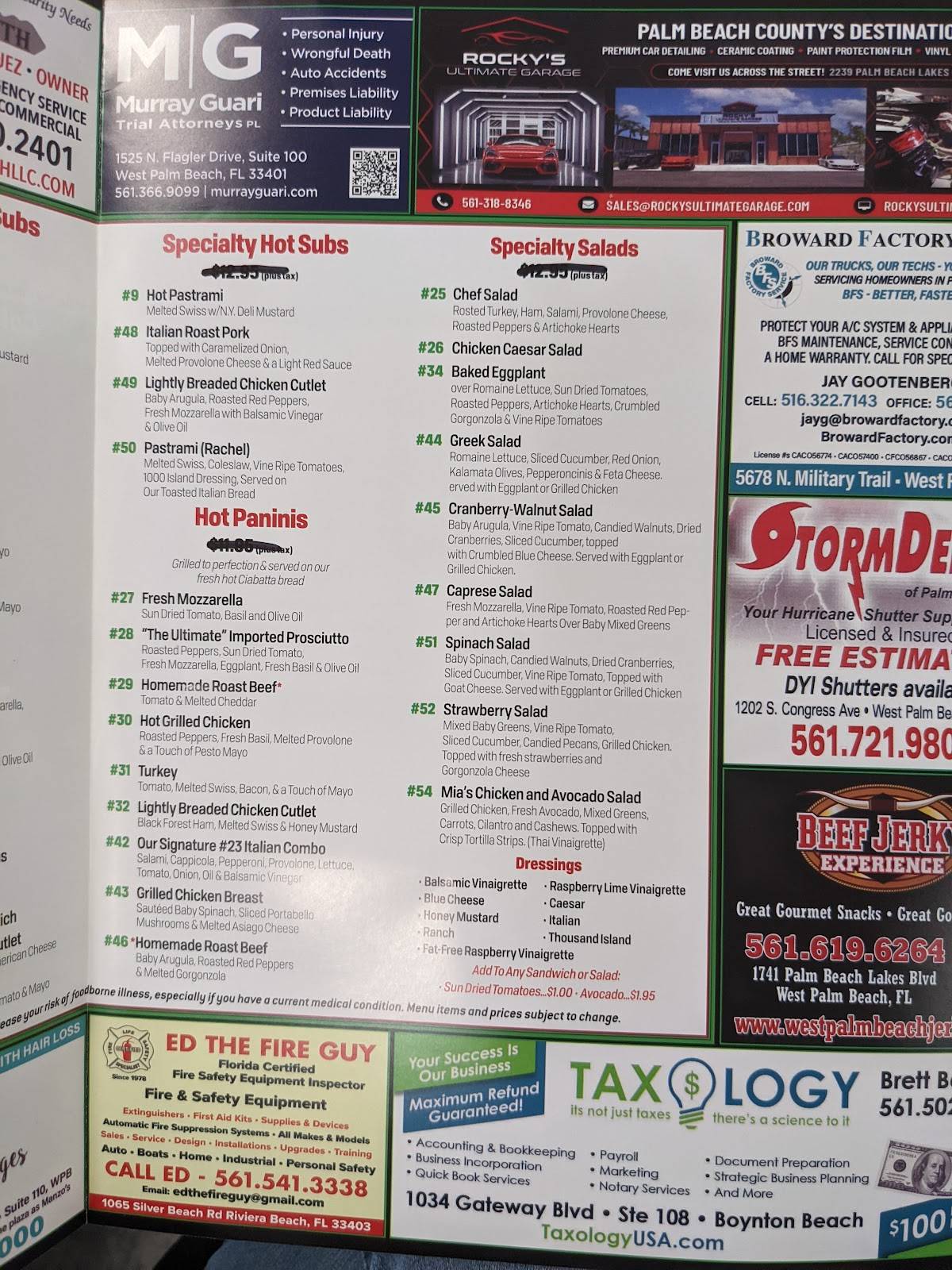 Menu at Manzo's Italian Deli restaurant, West Palm Beach