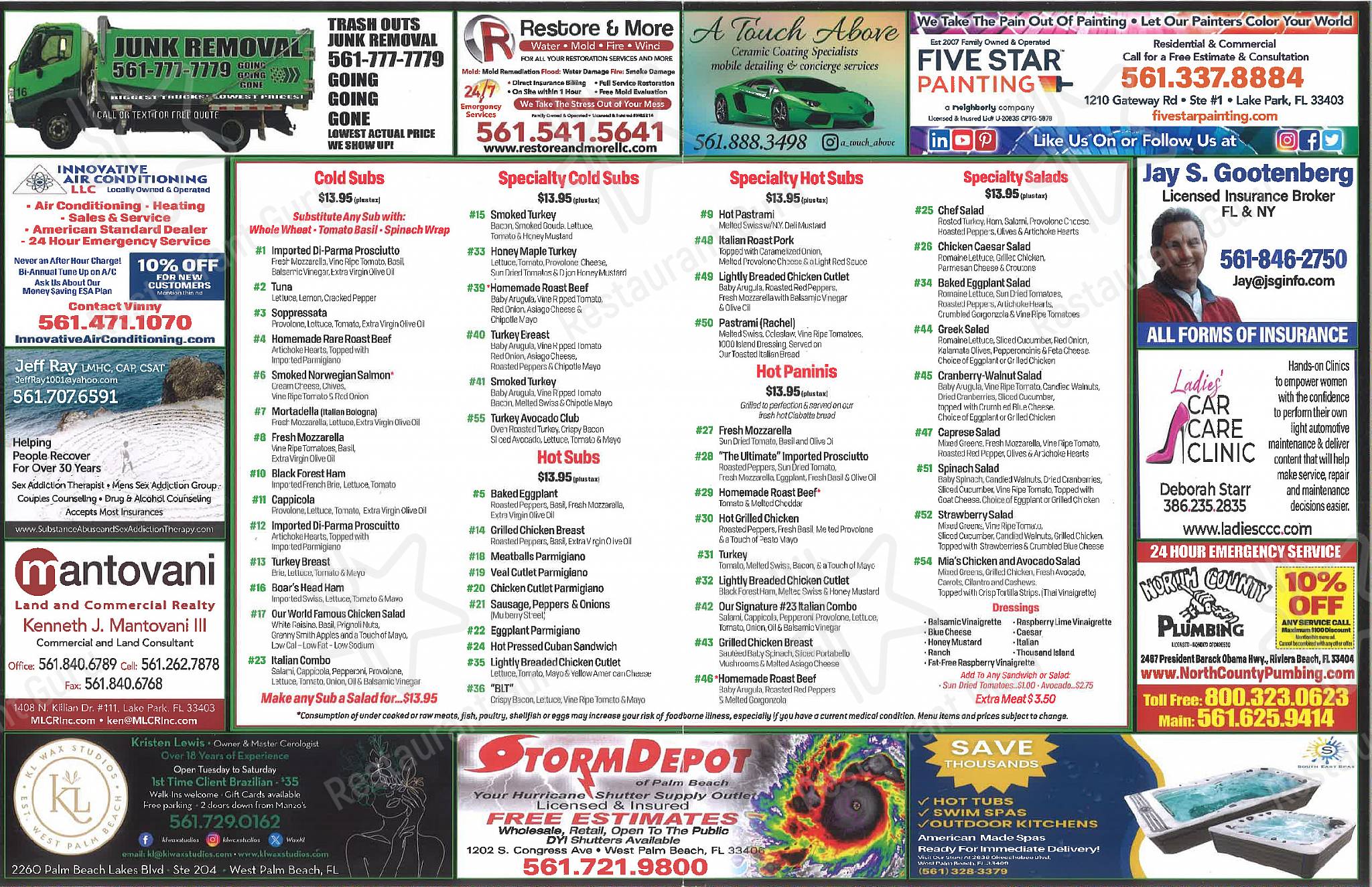 Menu at Manzo's Italian Deli restaurant, West Palm Beach