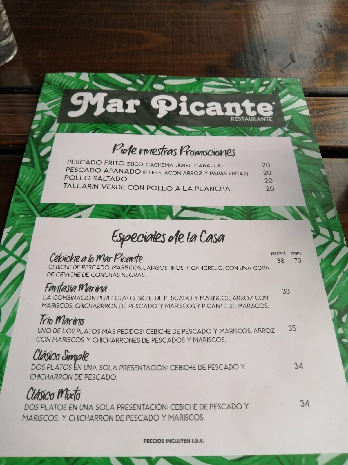 Carta del restaurante Mar Picante, Trujillo, Av. Húsares del Junín 412