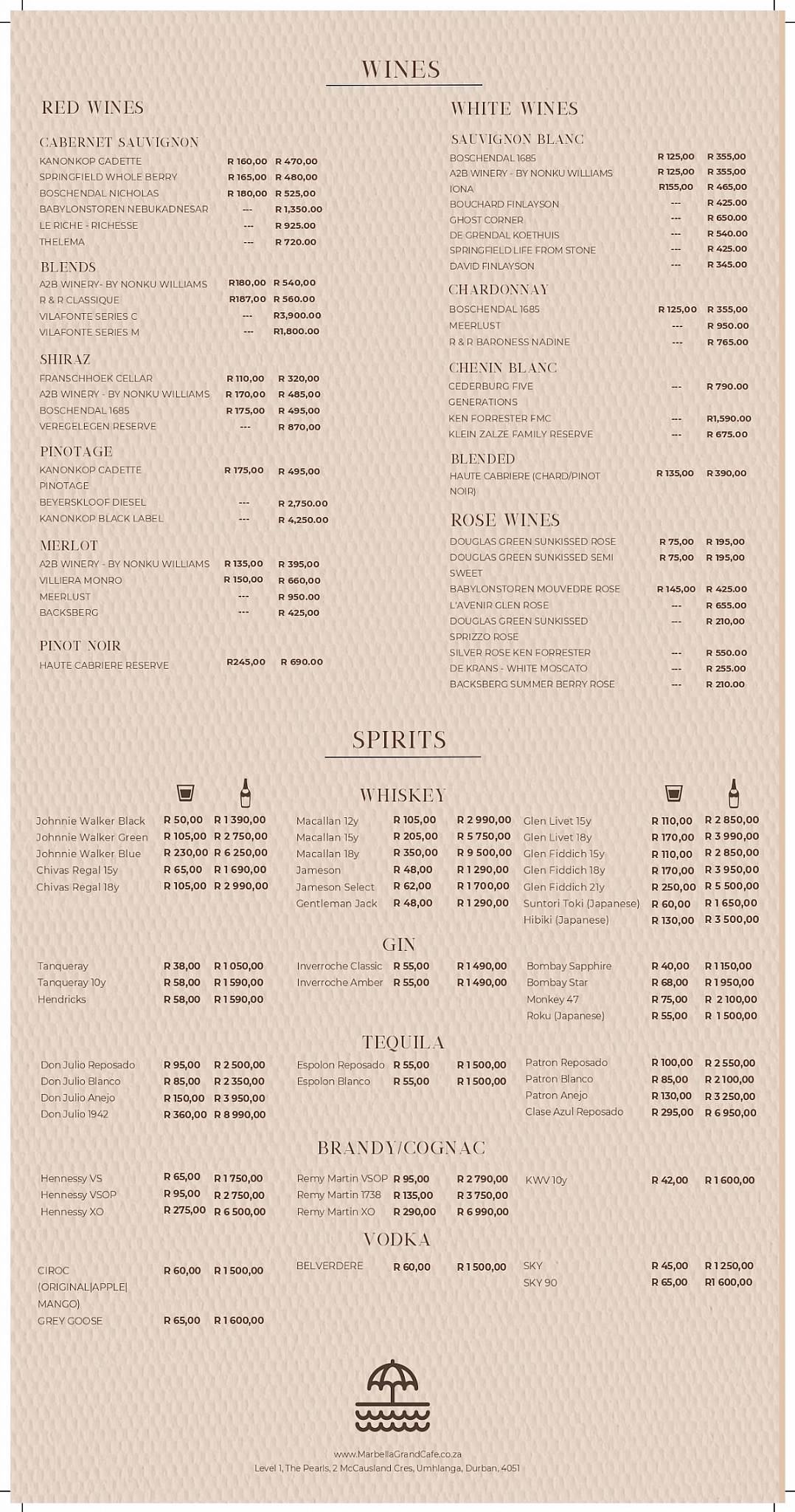 Menu at Marbella Grand Cafe, Durban