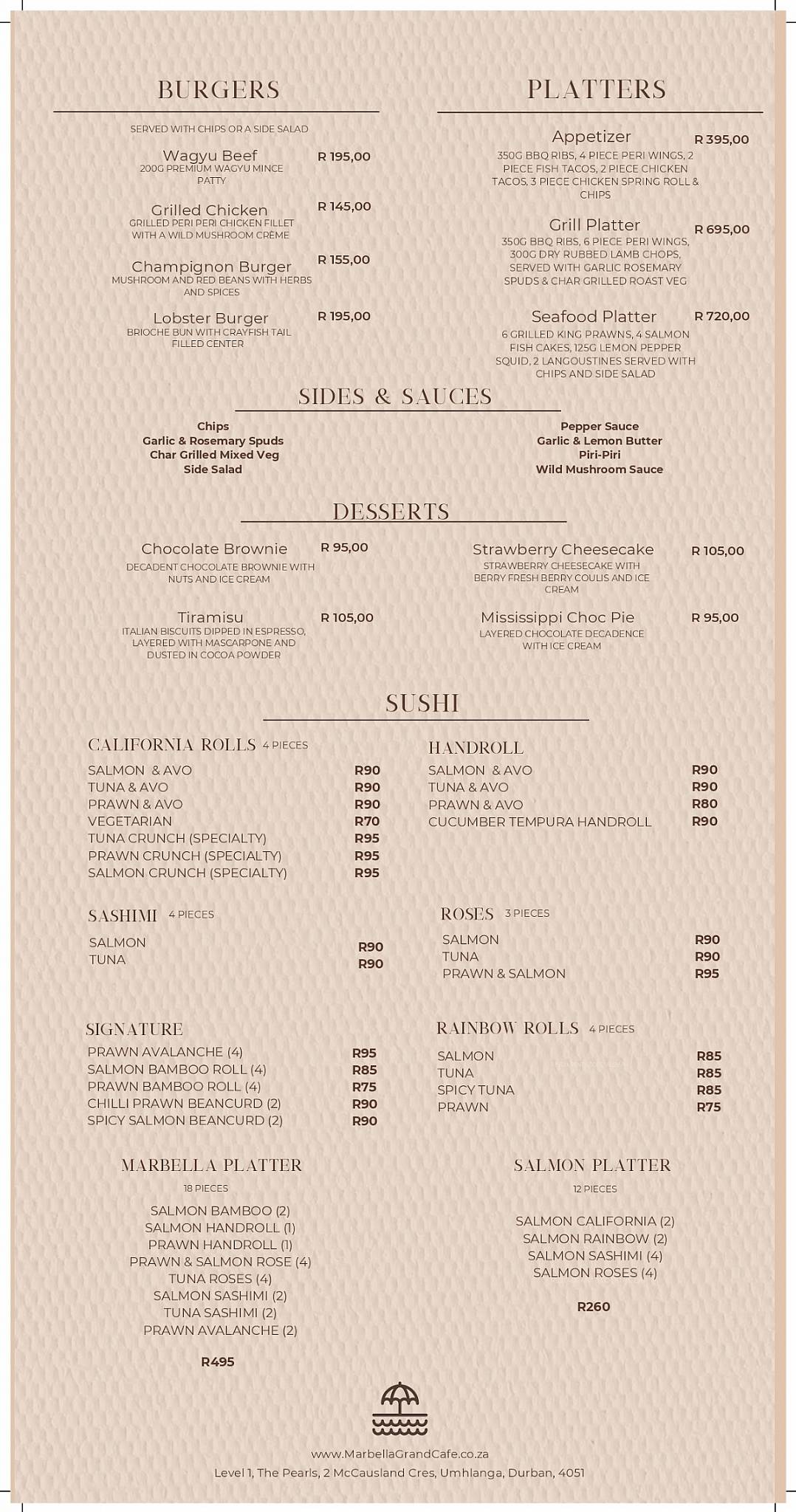 Menu at Marbella Grand Cafe, Durban