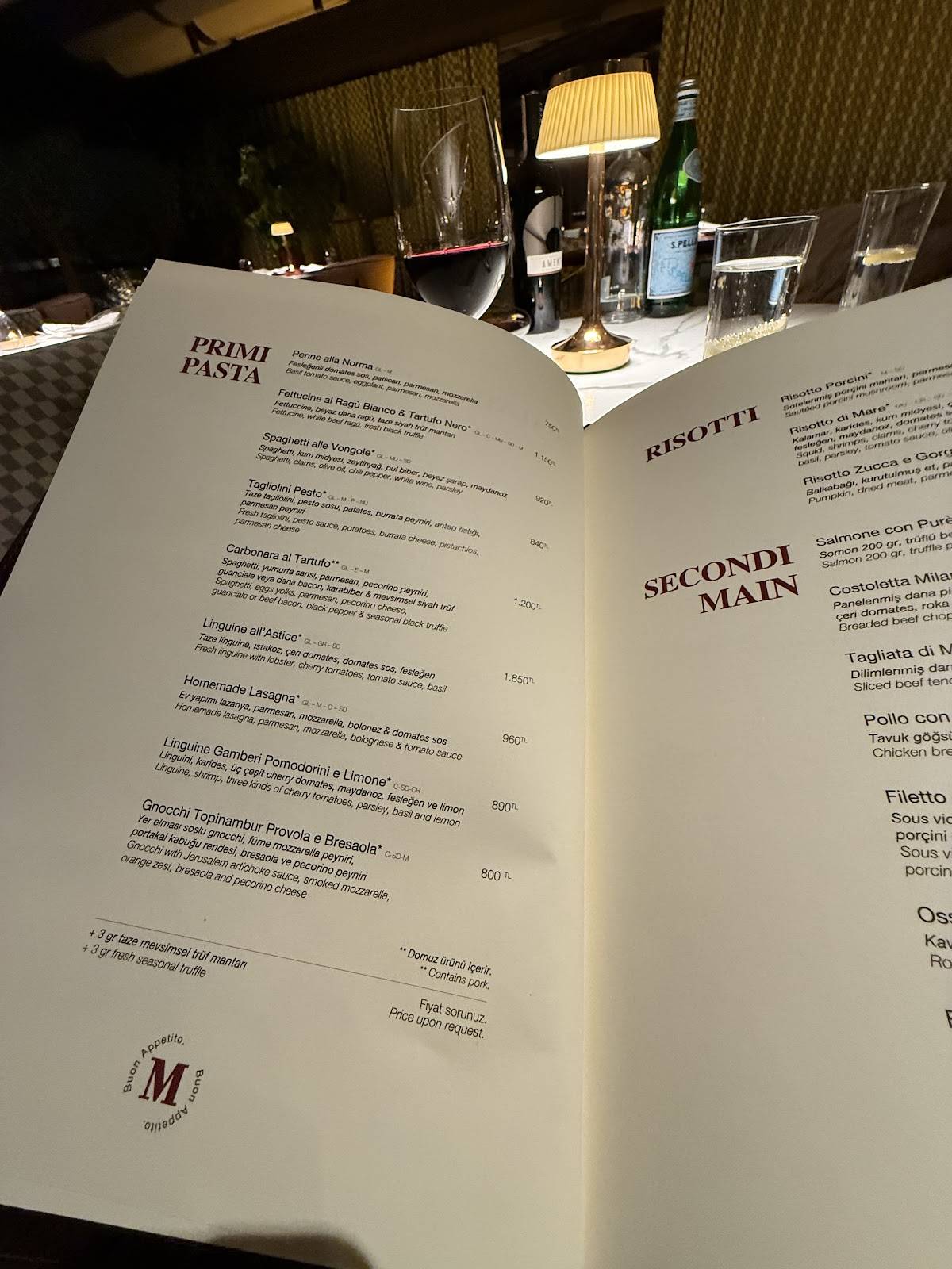 Menu at Marcello, Istanbul