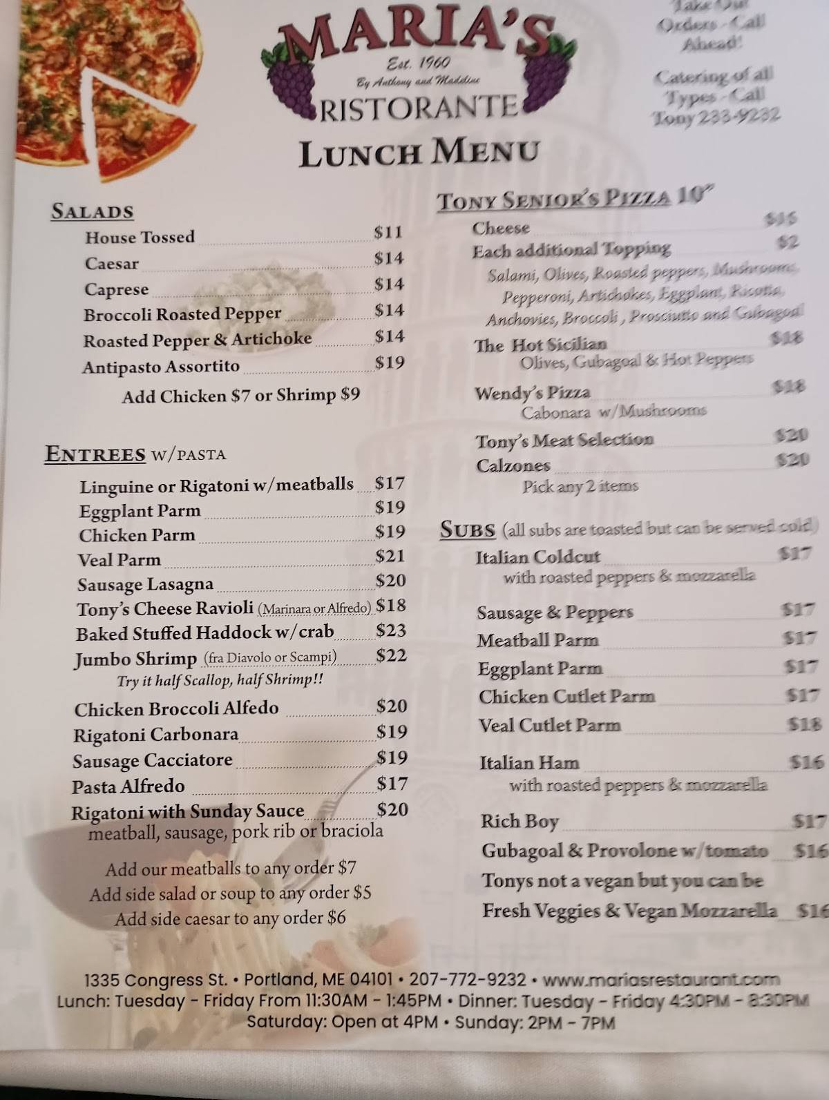 Menu at Maria’s Restaurant, Portland, Congress St