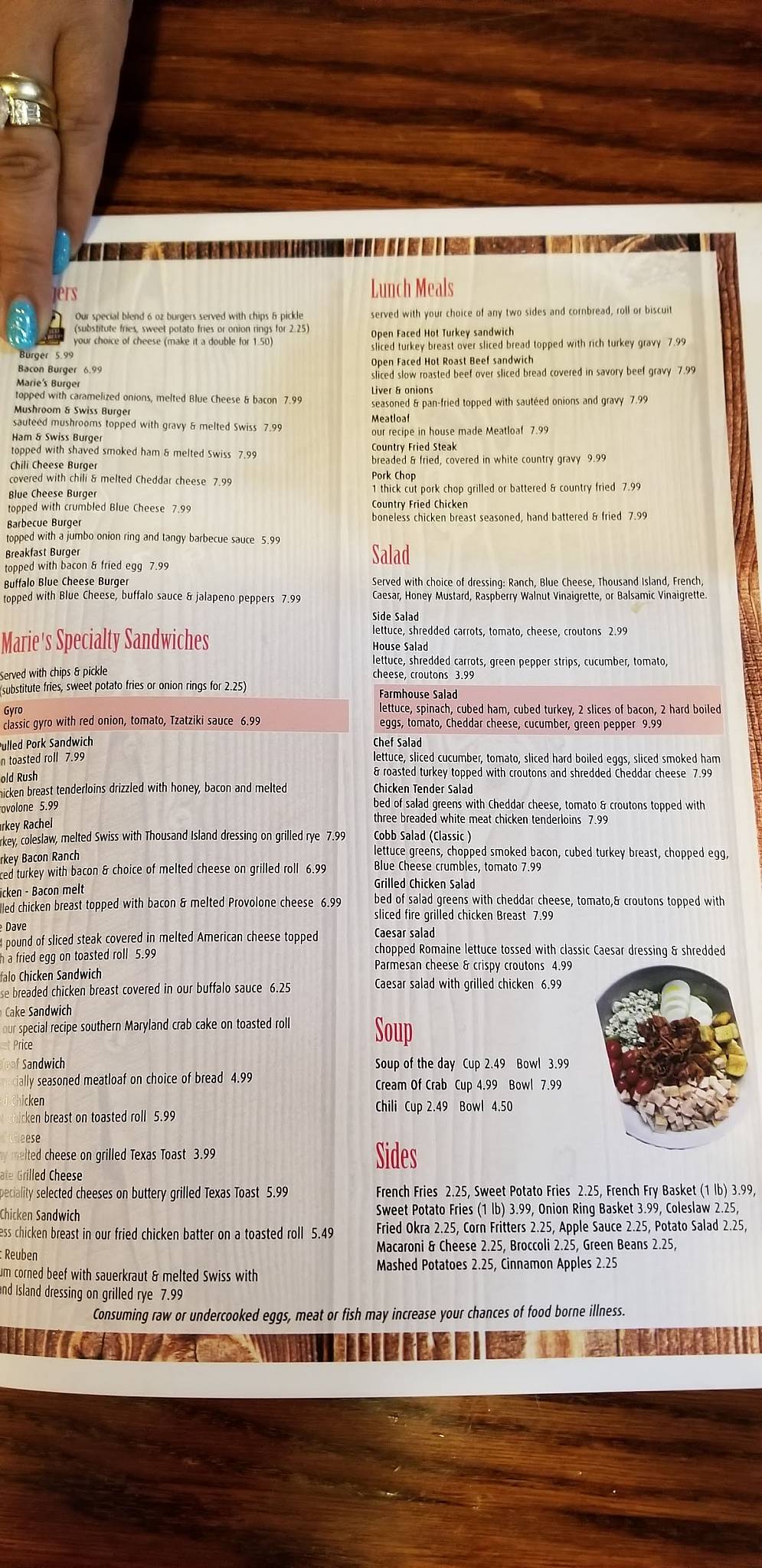 Menu at Marie's Diner restaurant, La Plata