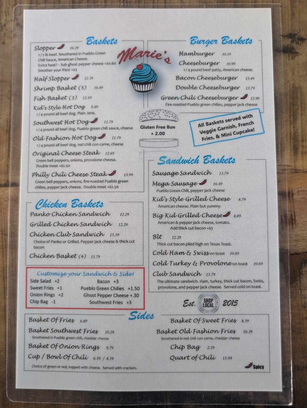 Menu at Marie's restaurant, Pueblo