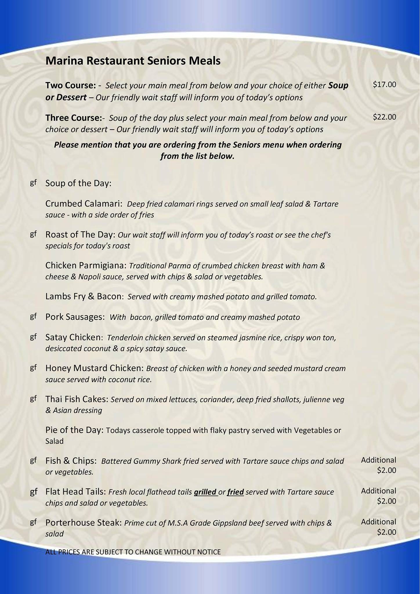 Menu at Marina Restaurant & Lounge Bar, Hastings