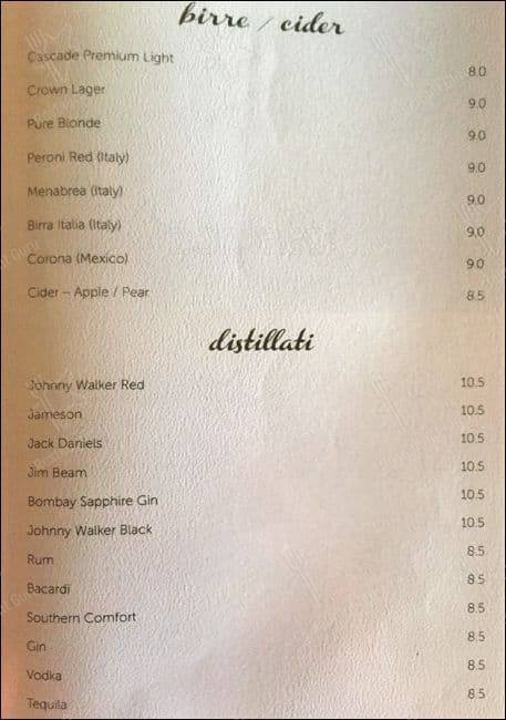 Menu at Marinara Trattoria restaurant, Paddington