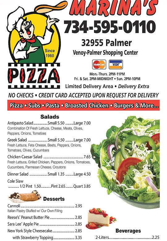 Menu at Marina's Pizza 1960 pizzeria, Westland, Palmer Rd
