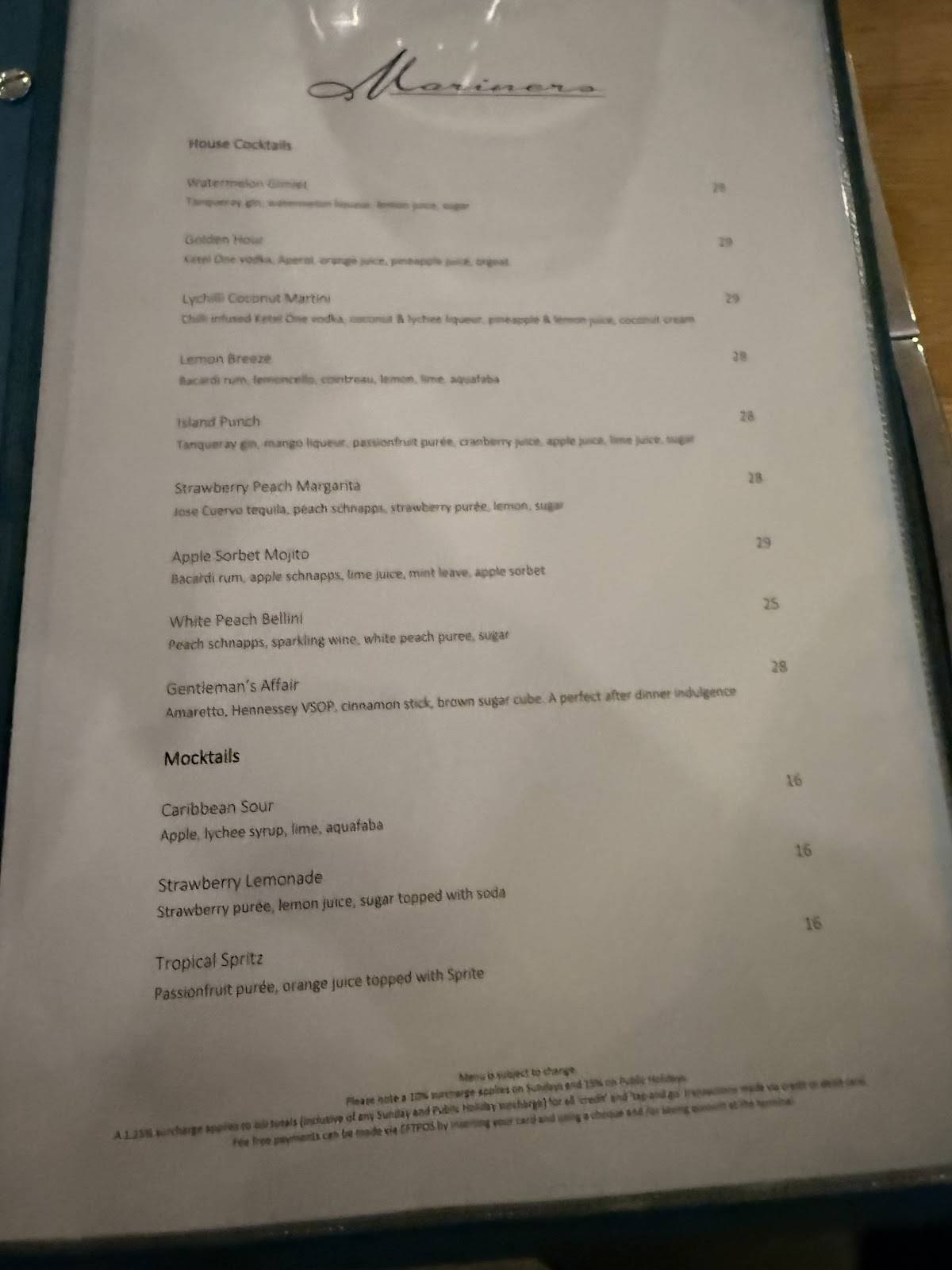 Menu at Mariners Restaurant, Hamilton Island, Front St