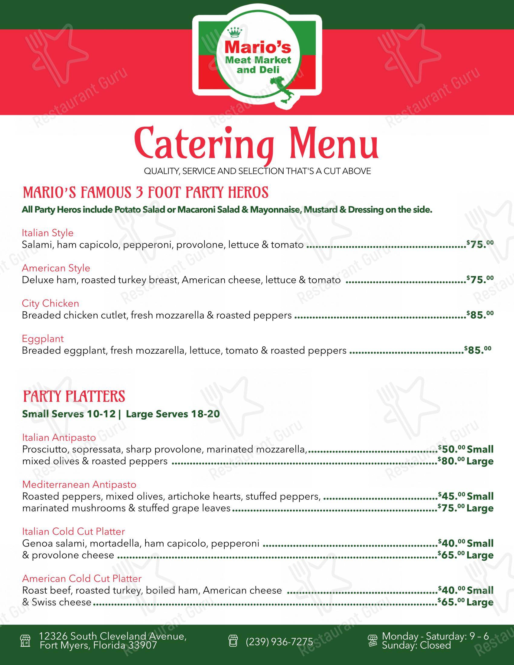 Menu at Mario's Meat Market and Deli restaurant, Fort Myers