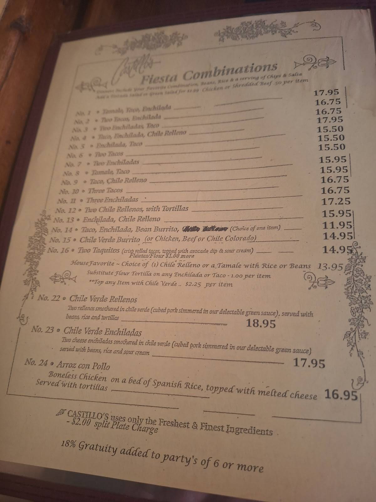 Menu at Mariposa Castillo's Mexican Restaurant, Mariposa
