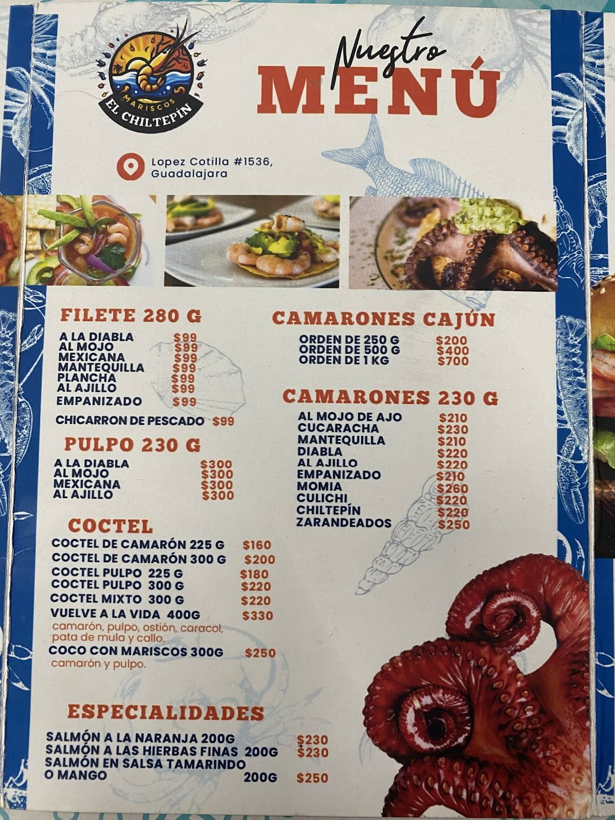 Menu at Mariscos El Chiltepín restaurant, Guadalajara
