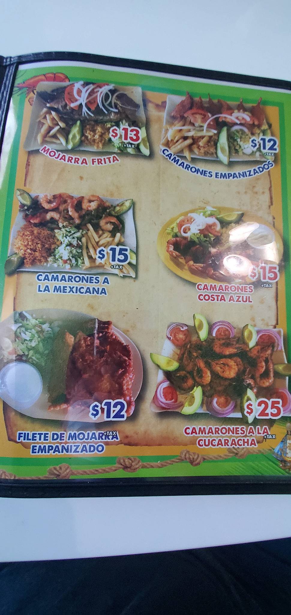 Menu at Mariscos El Jato Jr. restaurant, Los Angeles