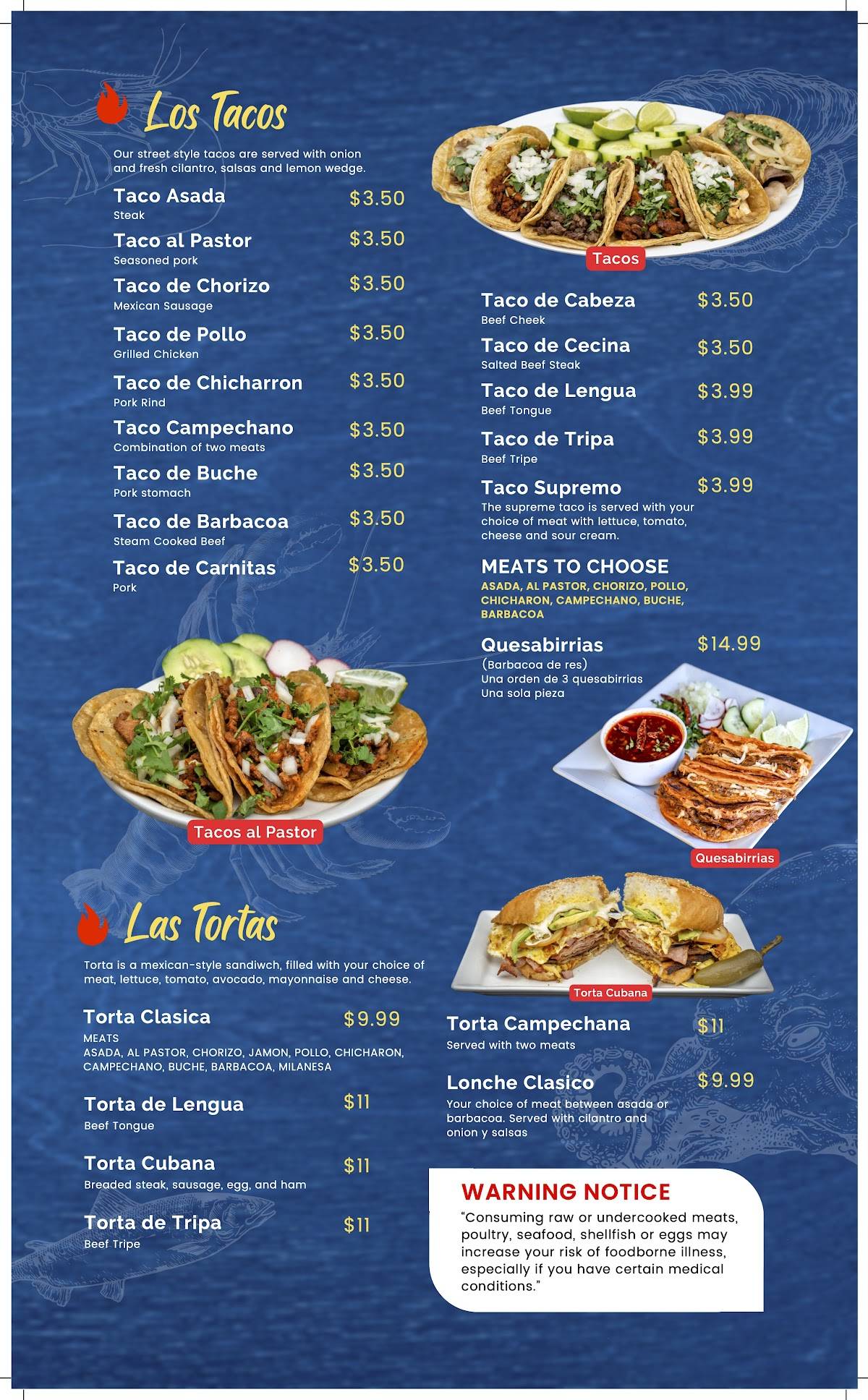 Menu at Marisquería y Taqueria La Furia restaurant, Indianapolis