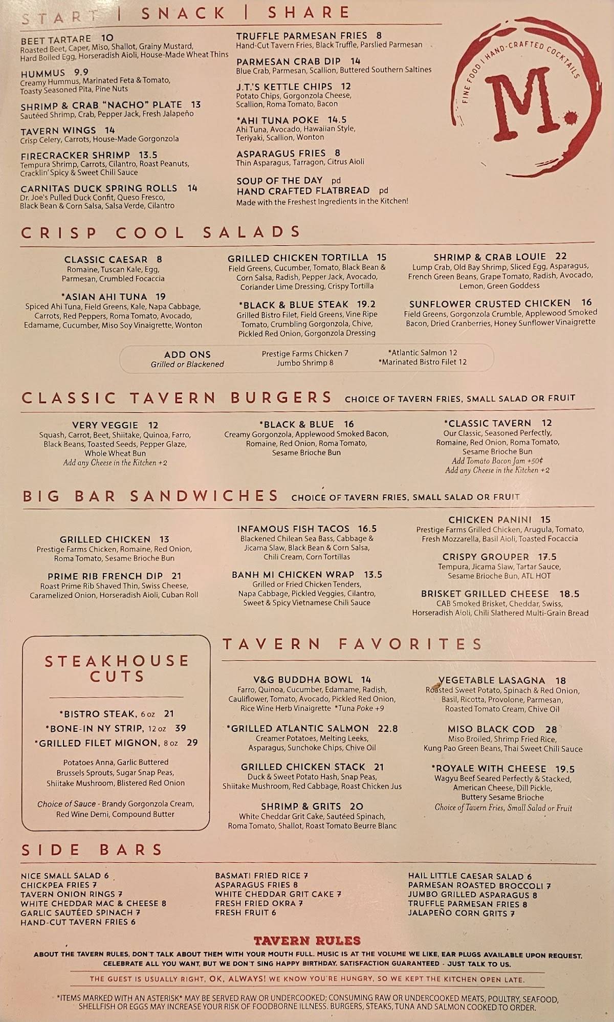 Menu at Marlow's Tavern restaurant, Duluth