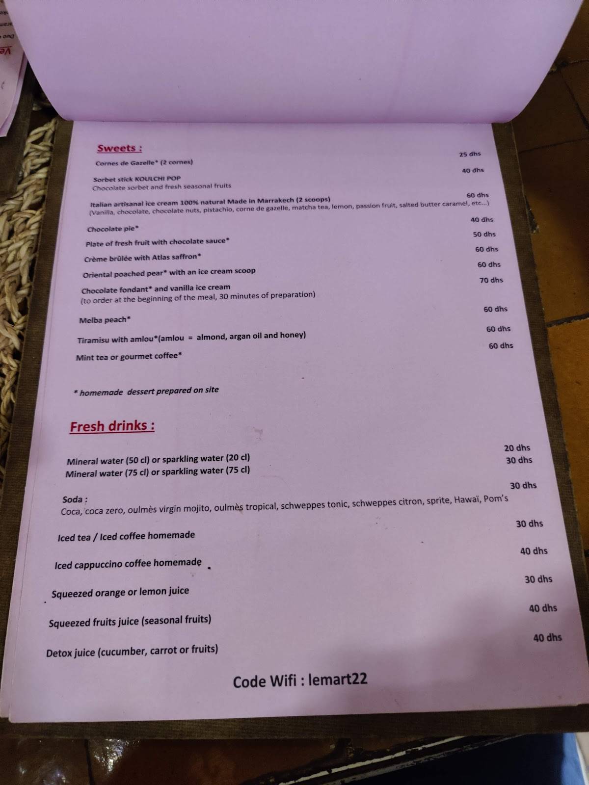 Menu at Le Mart restaurant, Marrakesh
