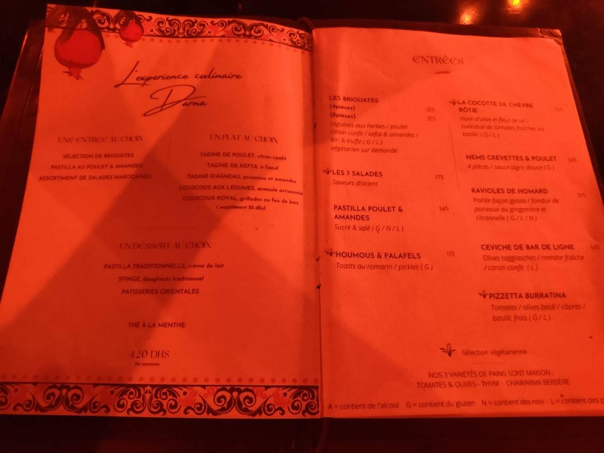 Menu au Palais Dar Soukkar restaurant, Marrakech, Km 3