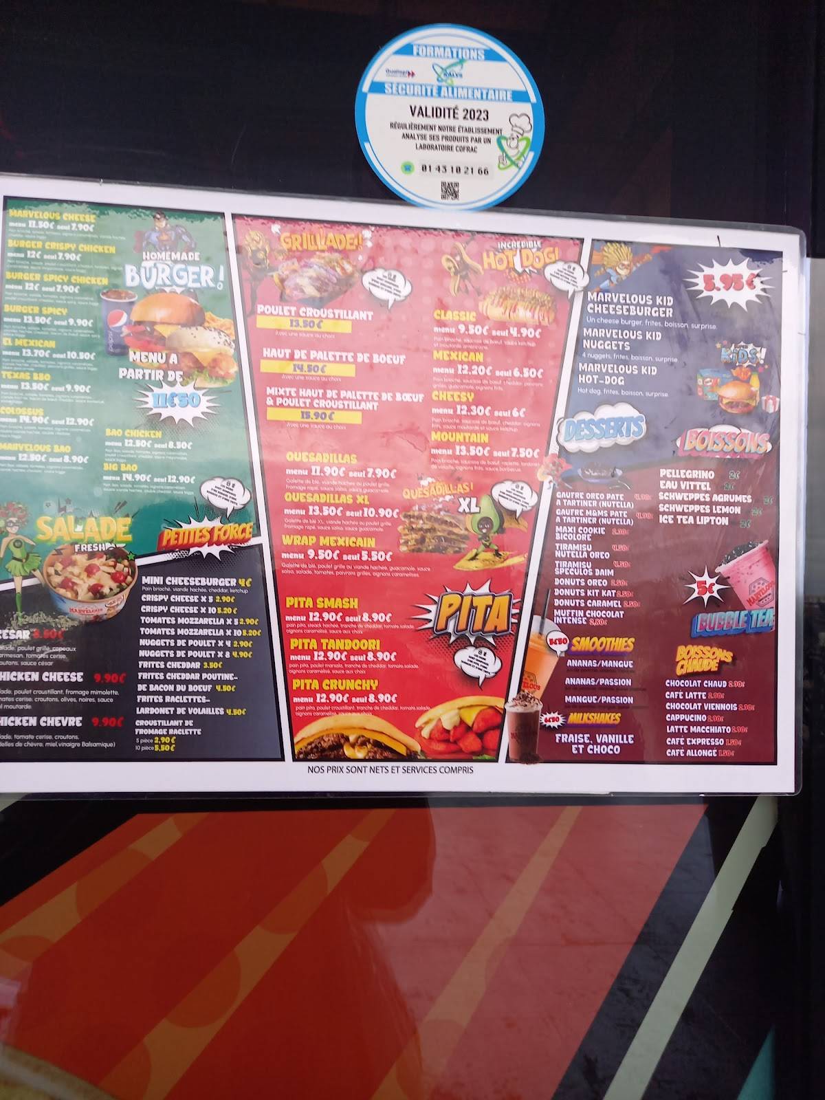 Menu au Marvelous Burger & Hot Dog restaurant, Plaisir