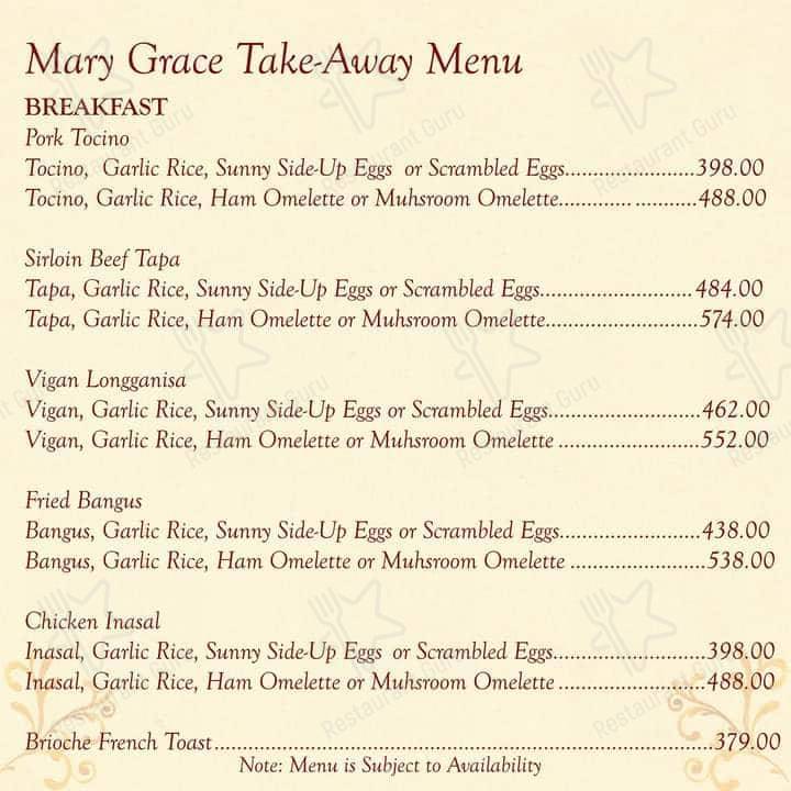 Menu at Mary Grace cafe, Makati, Kalayaan Ave