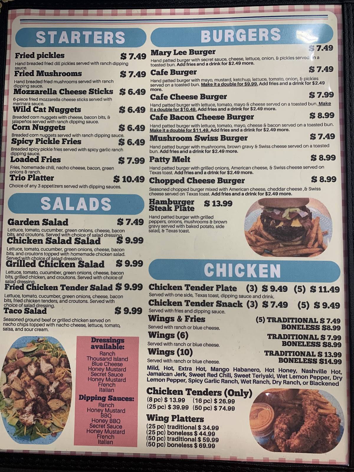 Menu at Mary Lee's Cafe, Tuscumbia