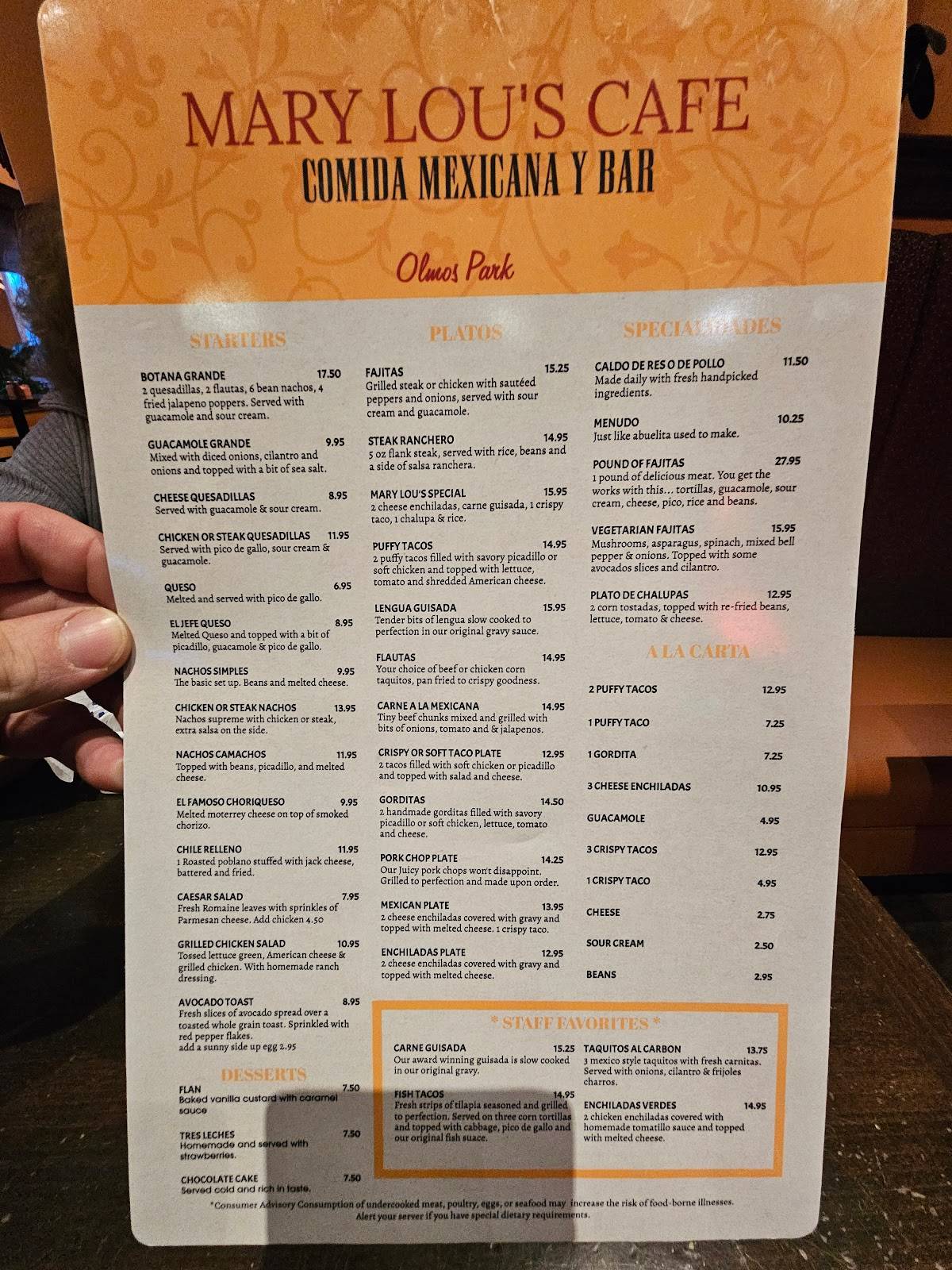 Menu at Mary Lou's Cafe, San Antonio, McCullough Ave