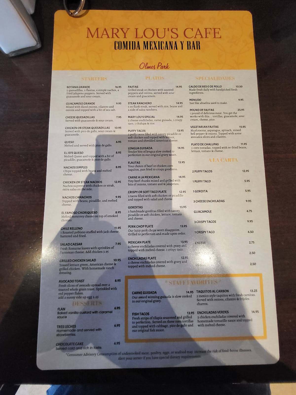 Menu at Mary Lou's Cafe, San Antonio, McCullough Ave