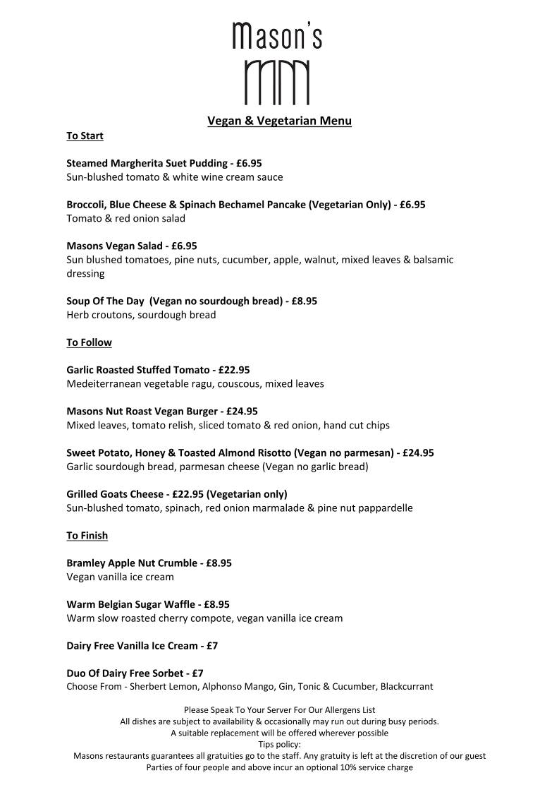 Menu at Masons Restaurant, Brentwood