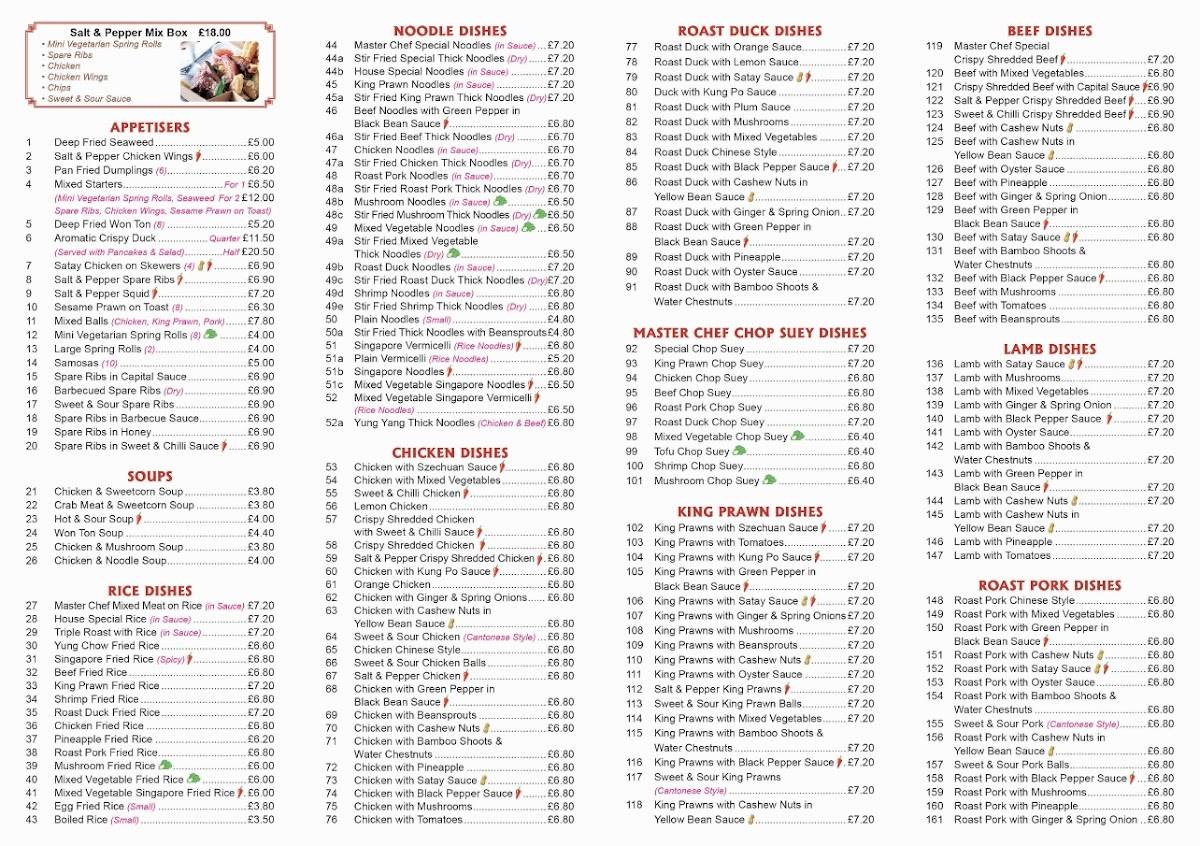 Menu at Master Chef fast food, Kettering