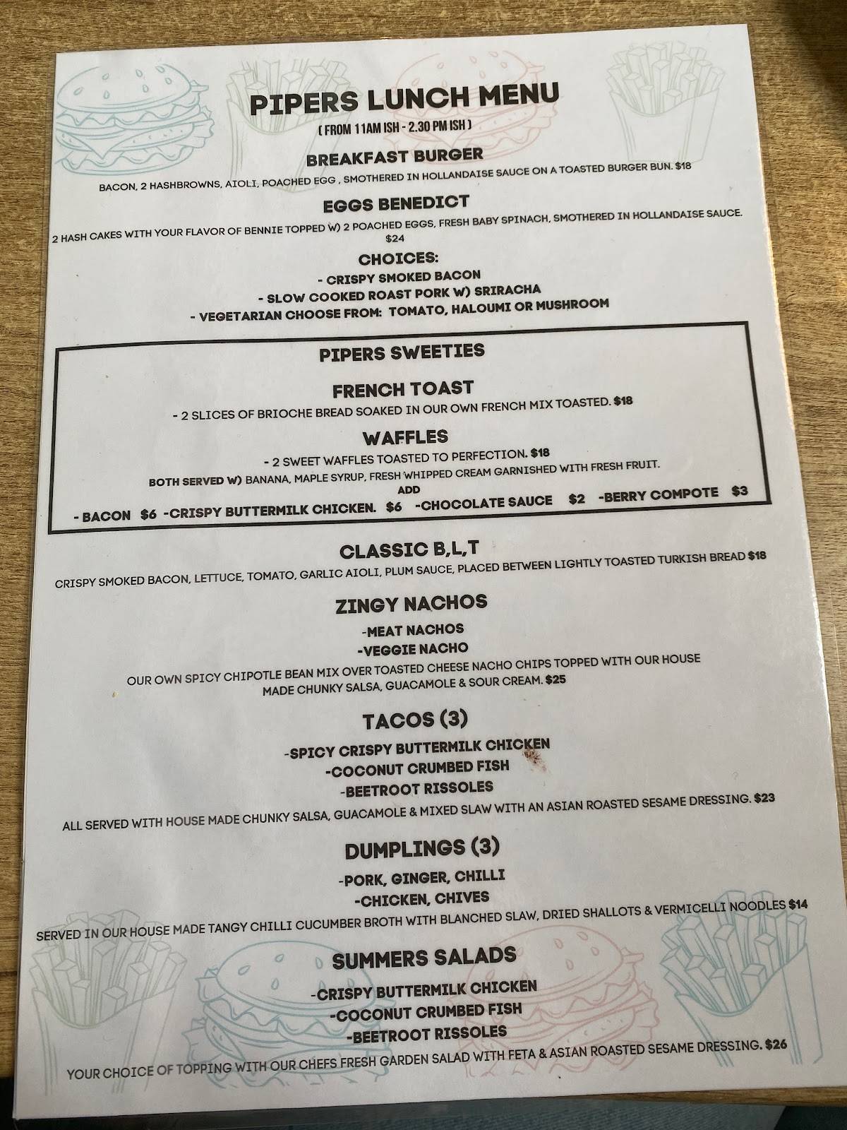Menu at Pipers Cafe & Catering, Matarangi