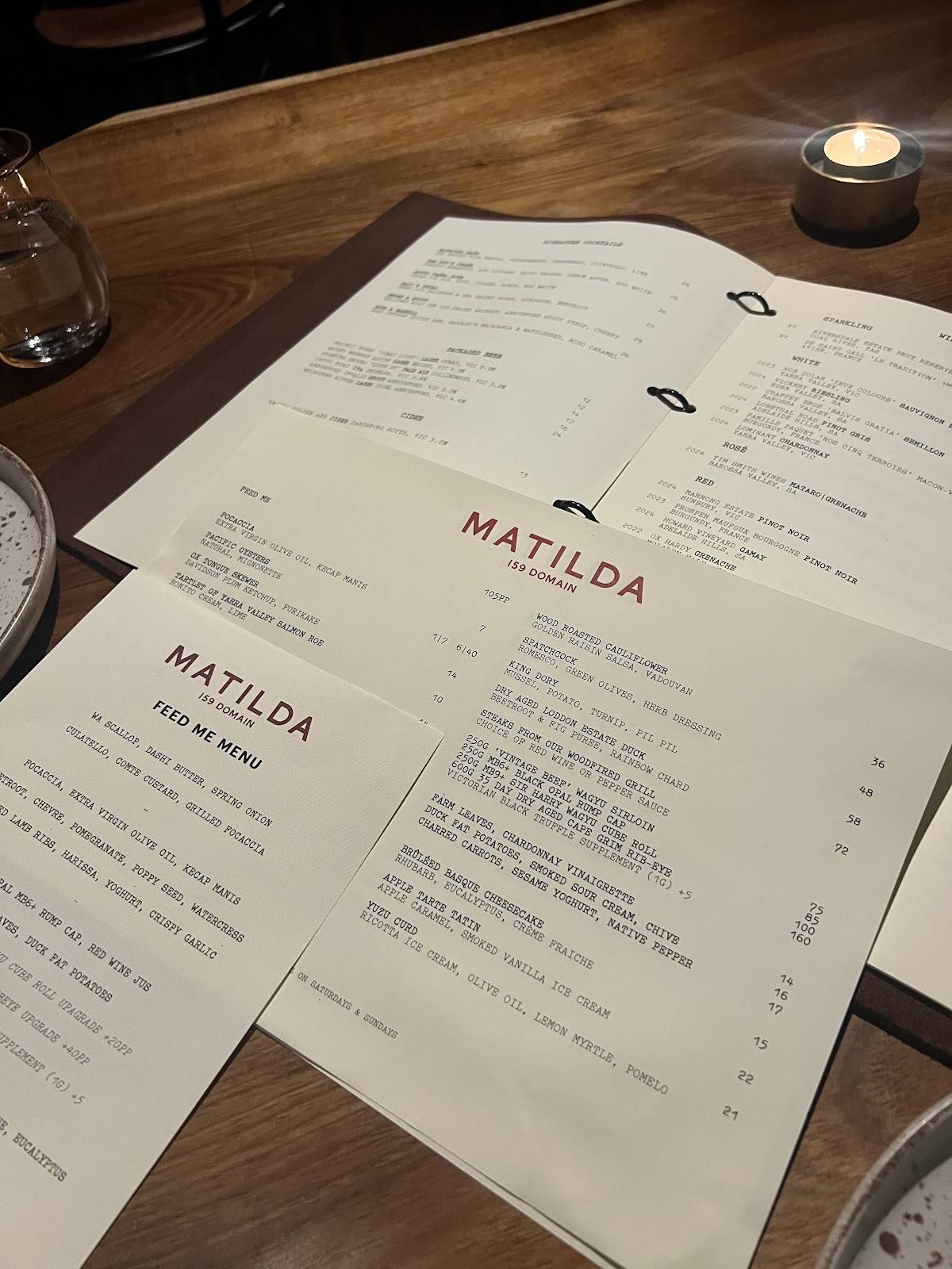 Menu at Matilda 159 Domain restaurant, South Yarra