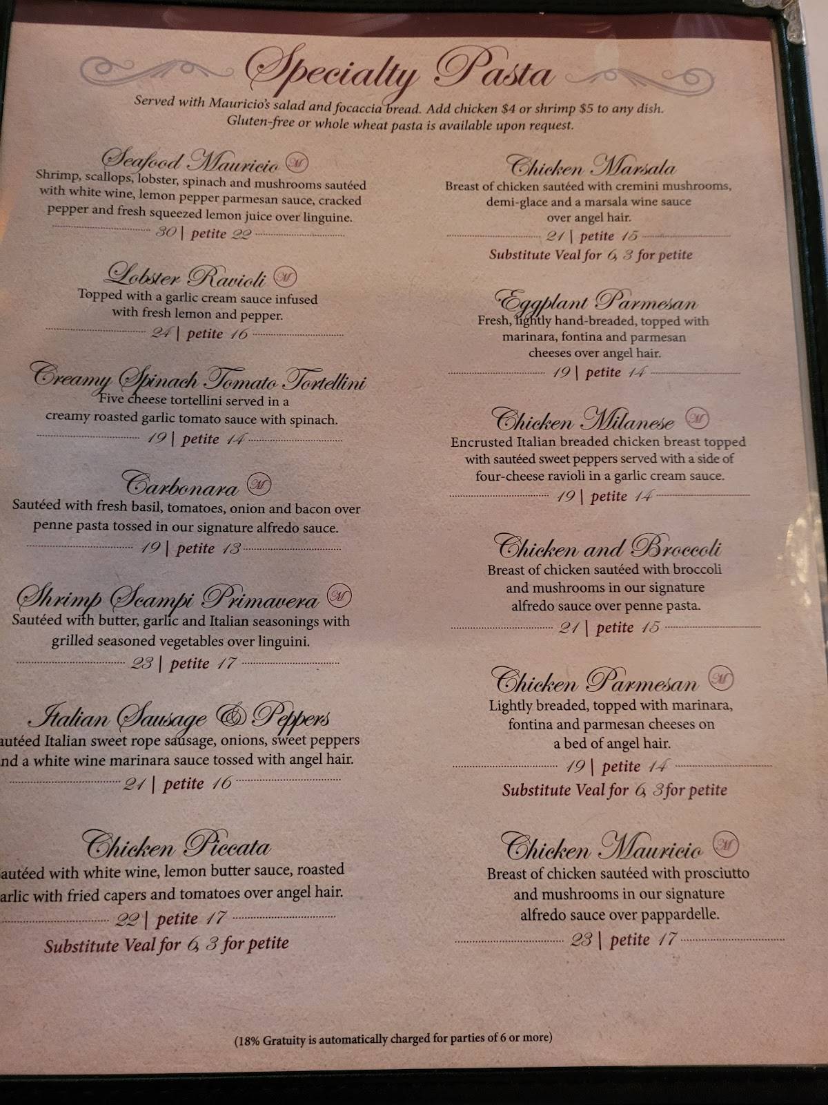Menu at Mauricio's Italian Restaurant, Cookeville