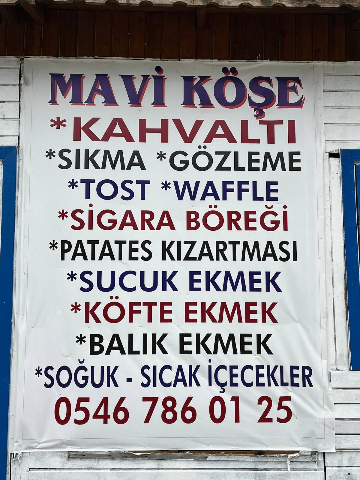 Menu at Mavi Köşe Cafe, Karataş
