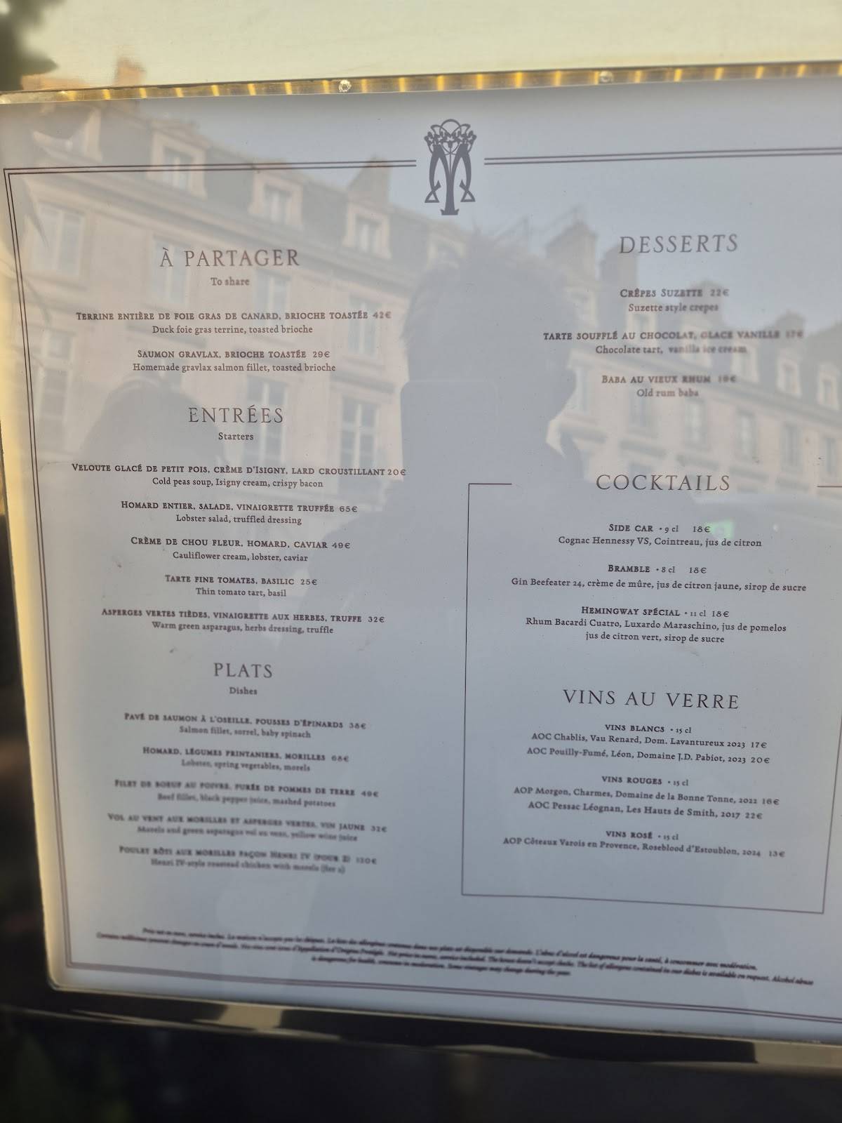 Menu at Maxim's de Paris restaurant, Paris, 3 Royale Street