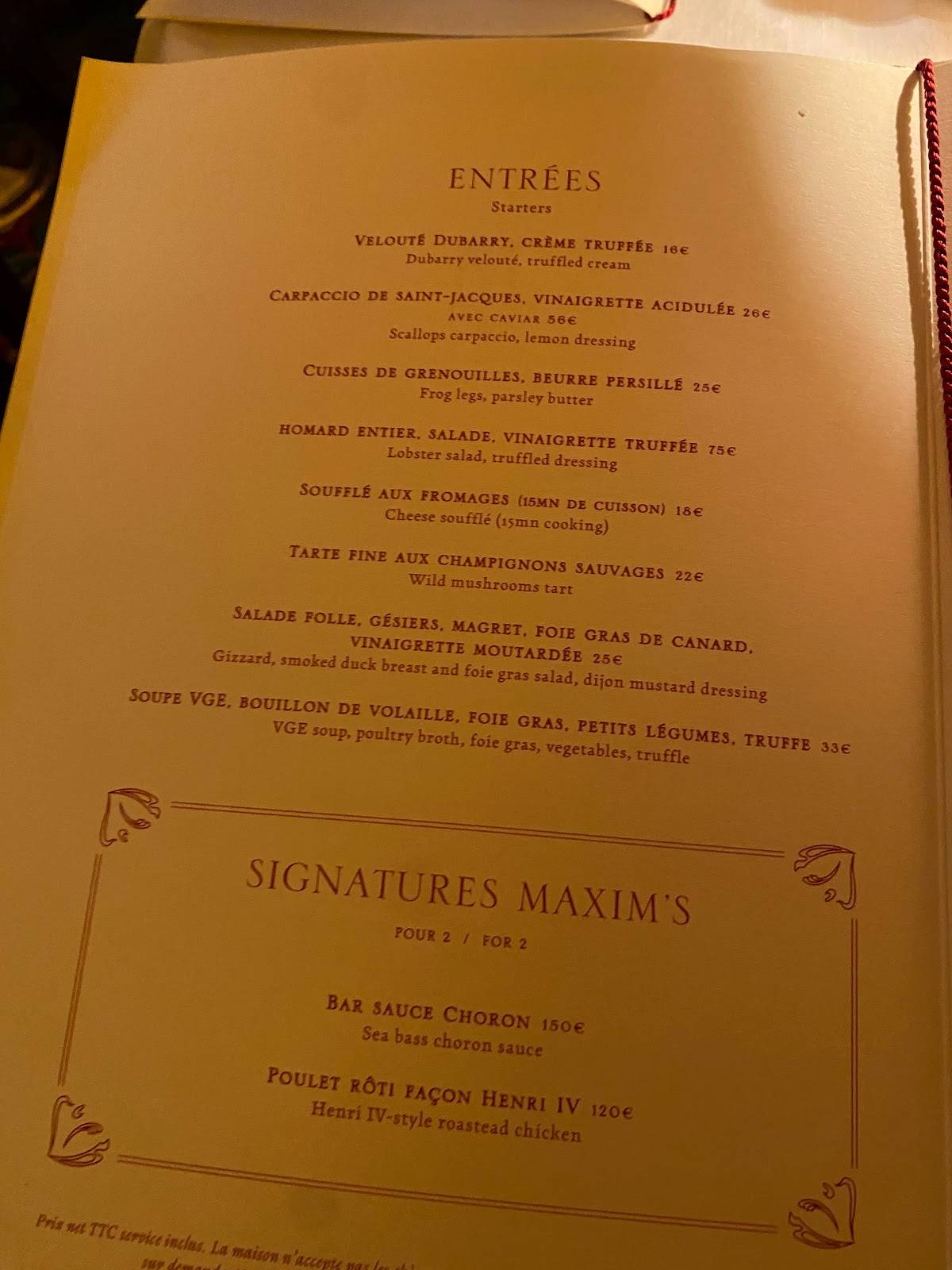 Menu at Maxim's de Paris restaurant, Paris, 3 Royale Street