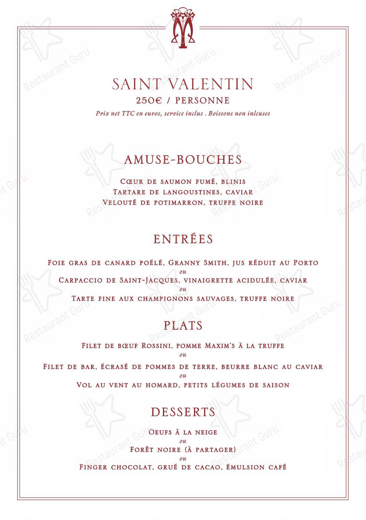 Menu au Maxim's restaurant, Paris, 3 Royale Street