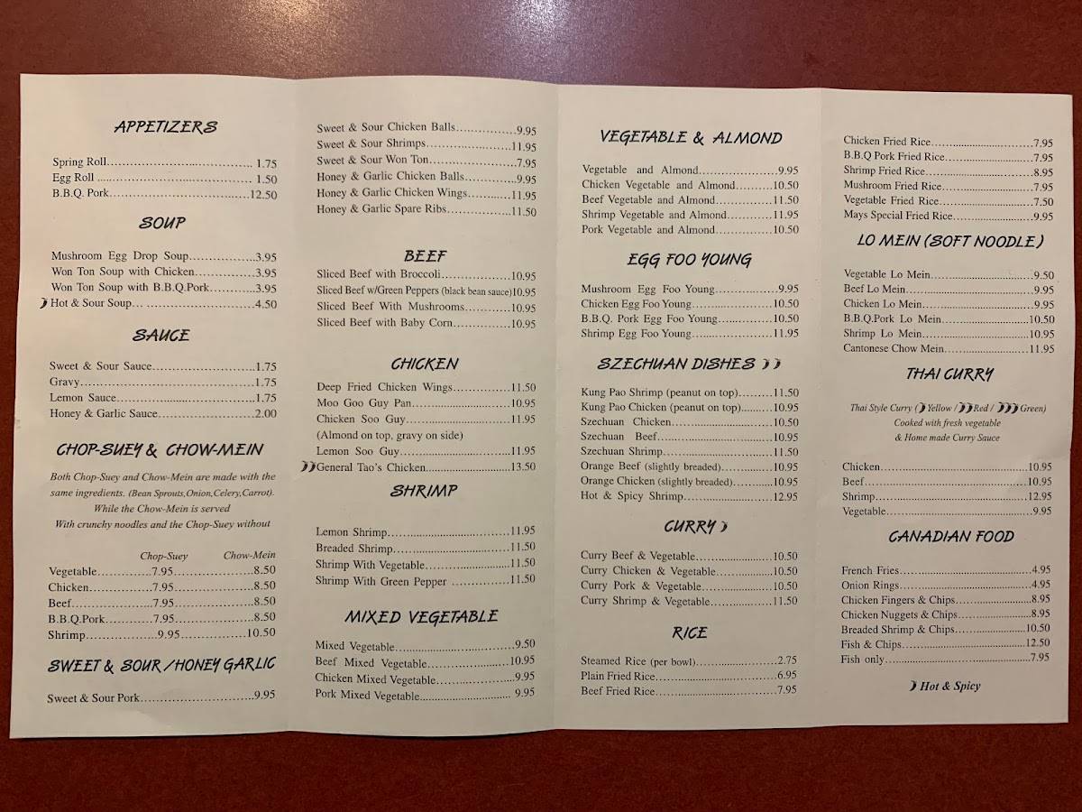 Menu at Mays Restaurant, Cannington