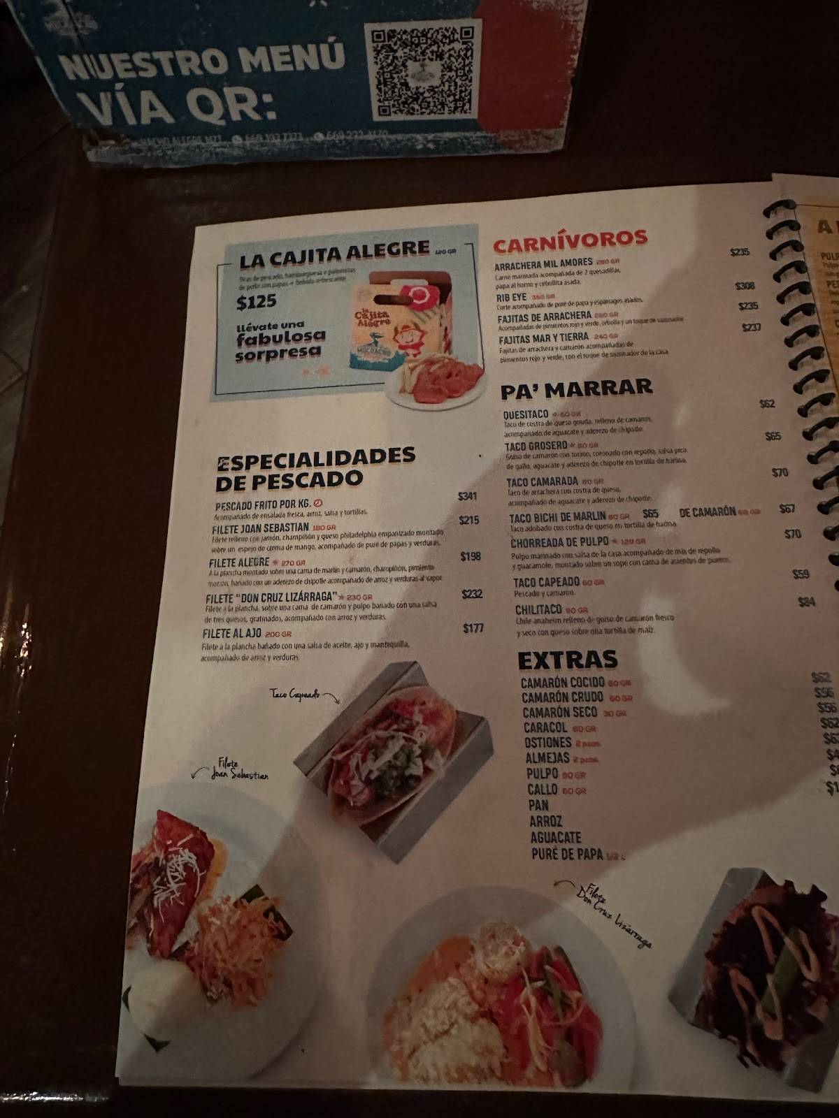 Carta del restaurante El Muchacho Alegre, Mazatlán, P.º Claussen 46-C