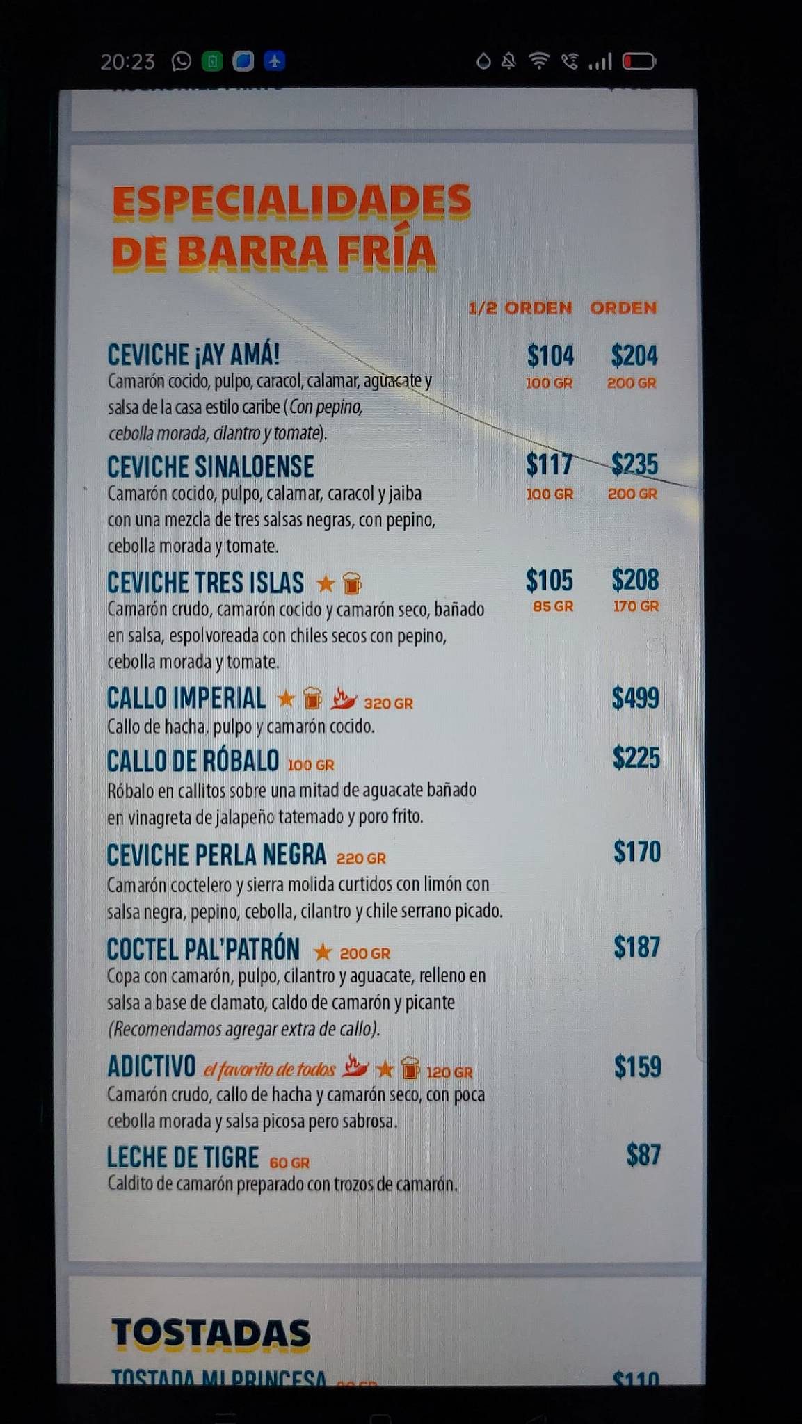 Carta del restaurante El Muchacho Alegre, Mazatlán, P.º Claussen 46-C