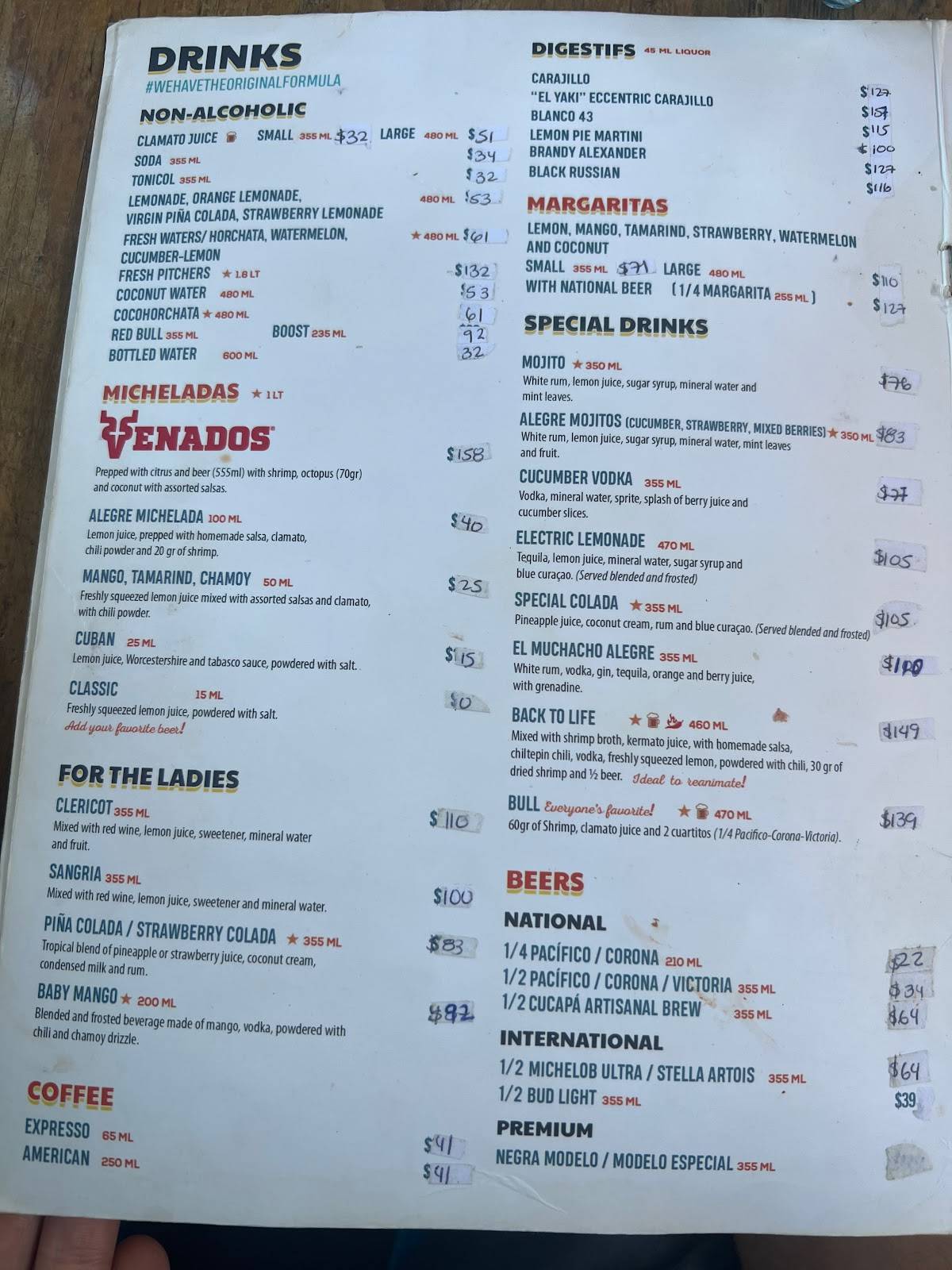 Carta del restaurante El Muchacho Alegre, Mazatlán, P.º Claussen 46-C