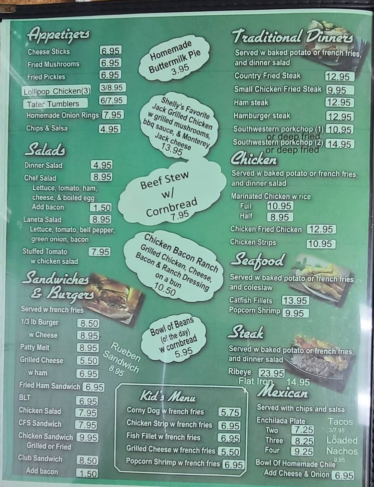 Menu at Shelly's McClains Restaurant, Seven Points