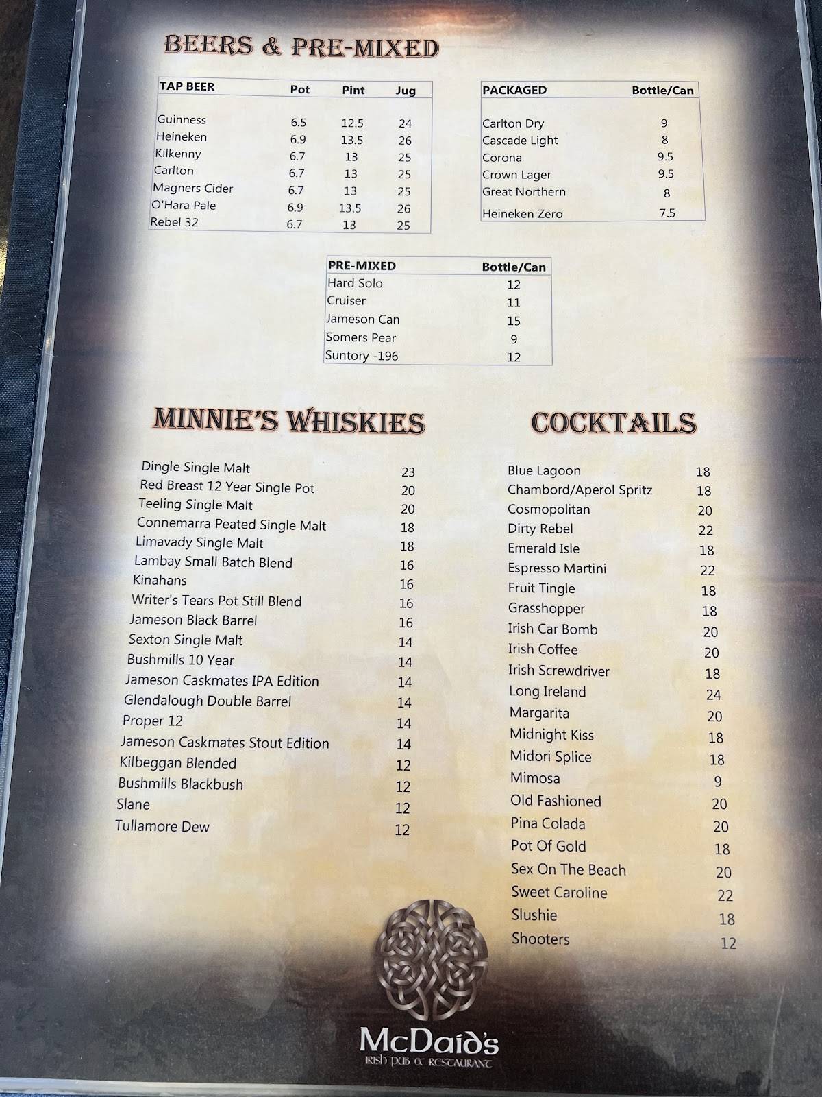 Menu at McDaid's Irish Pub, Rosebud