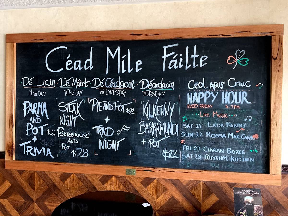 Menu at McDaid's Irish Pub, Rosebud
