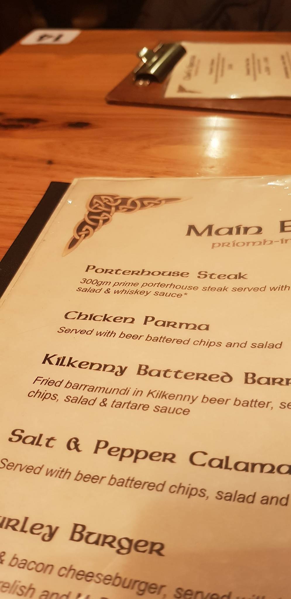 Menu at McDaid's Irish Pub, Rosebud