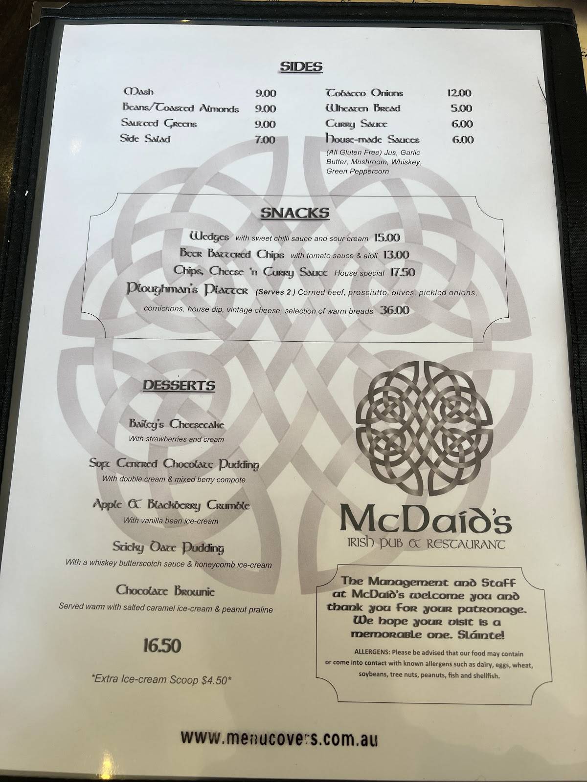 Menu at McDaid's Irish Pub, Rosebud