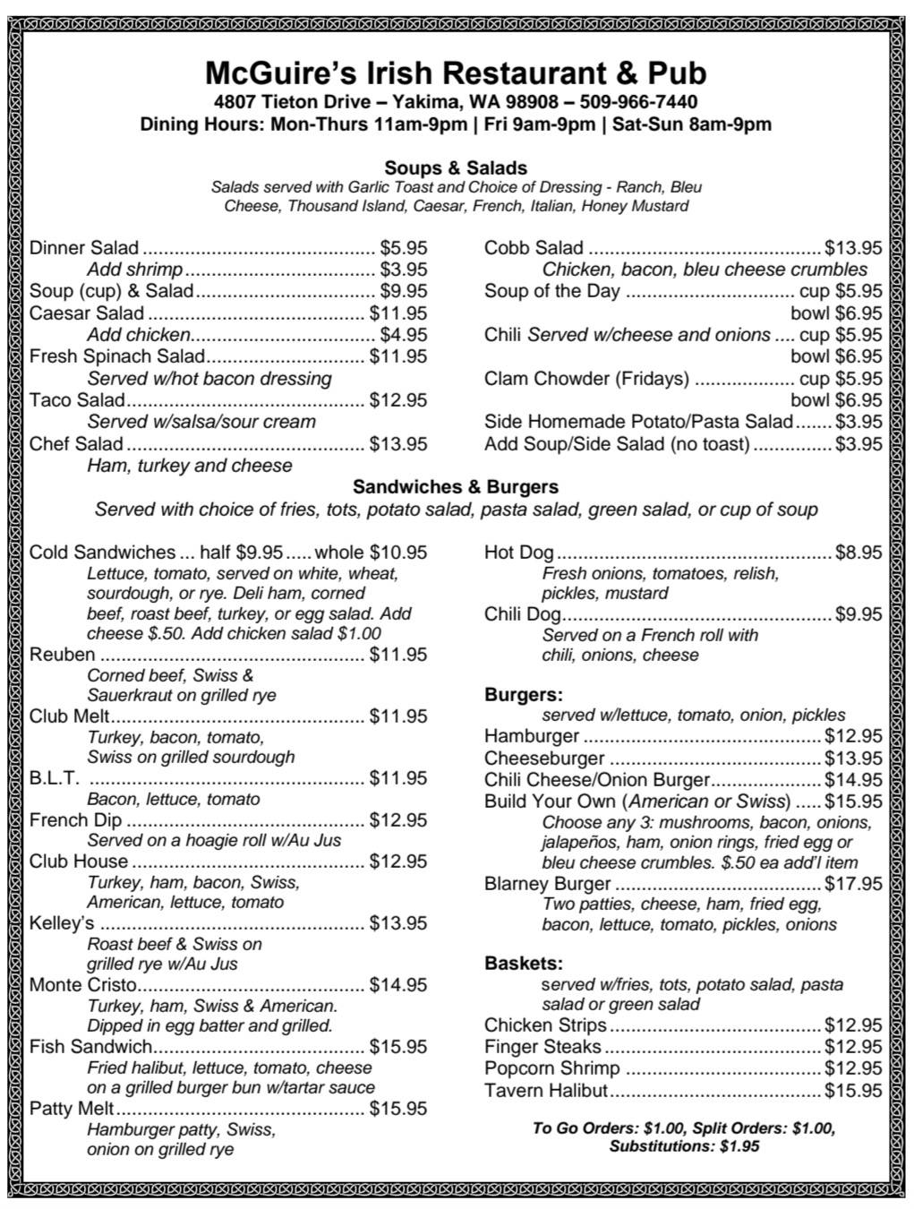 Menu at McGuire's Irish Restaurant And Pub, Yakima