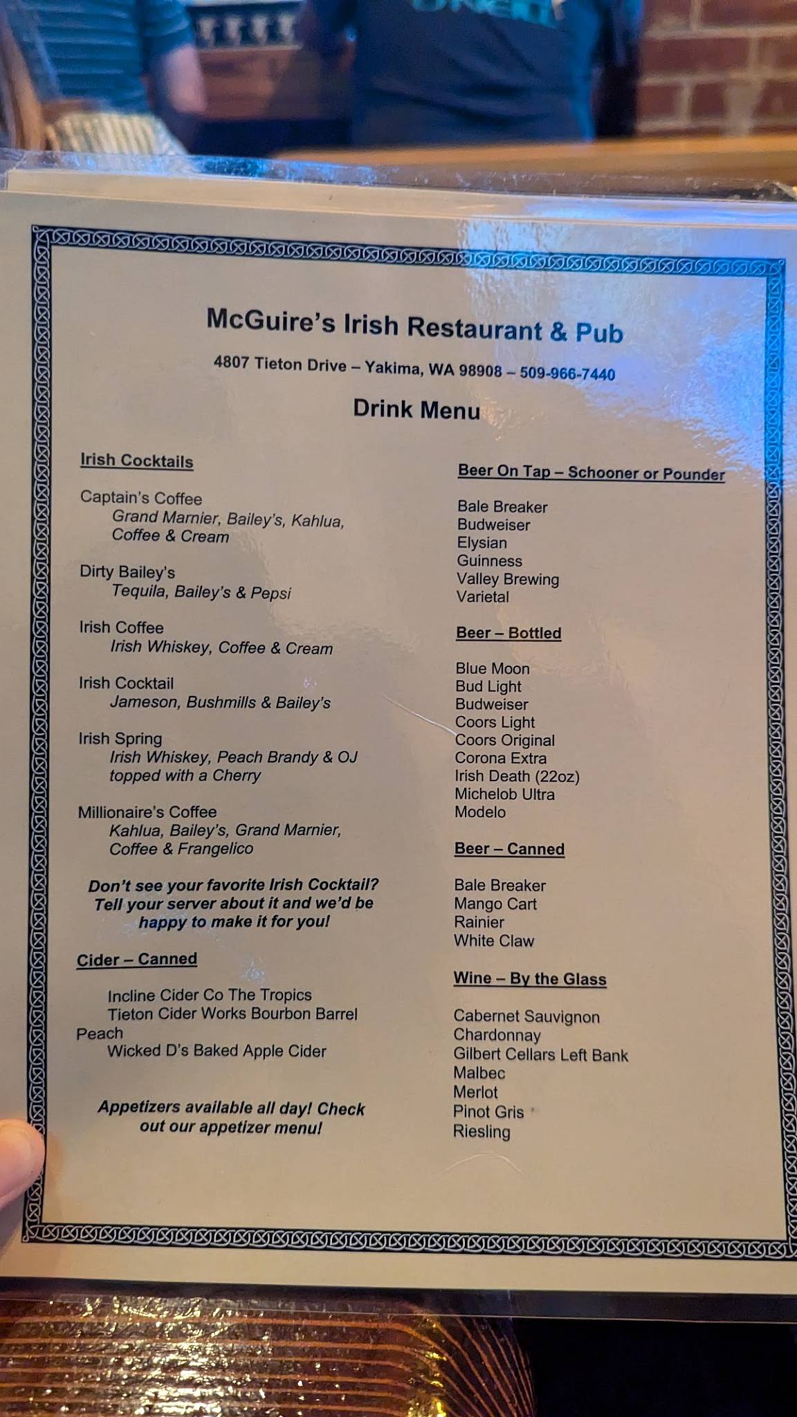 Menu at McGuire's Irish Restaurant And Pub, Yakima
