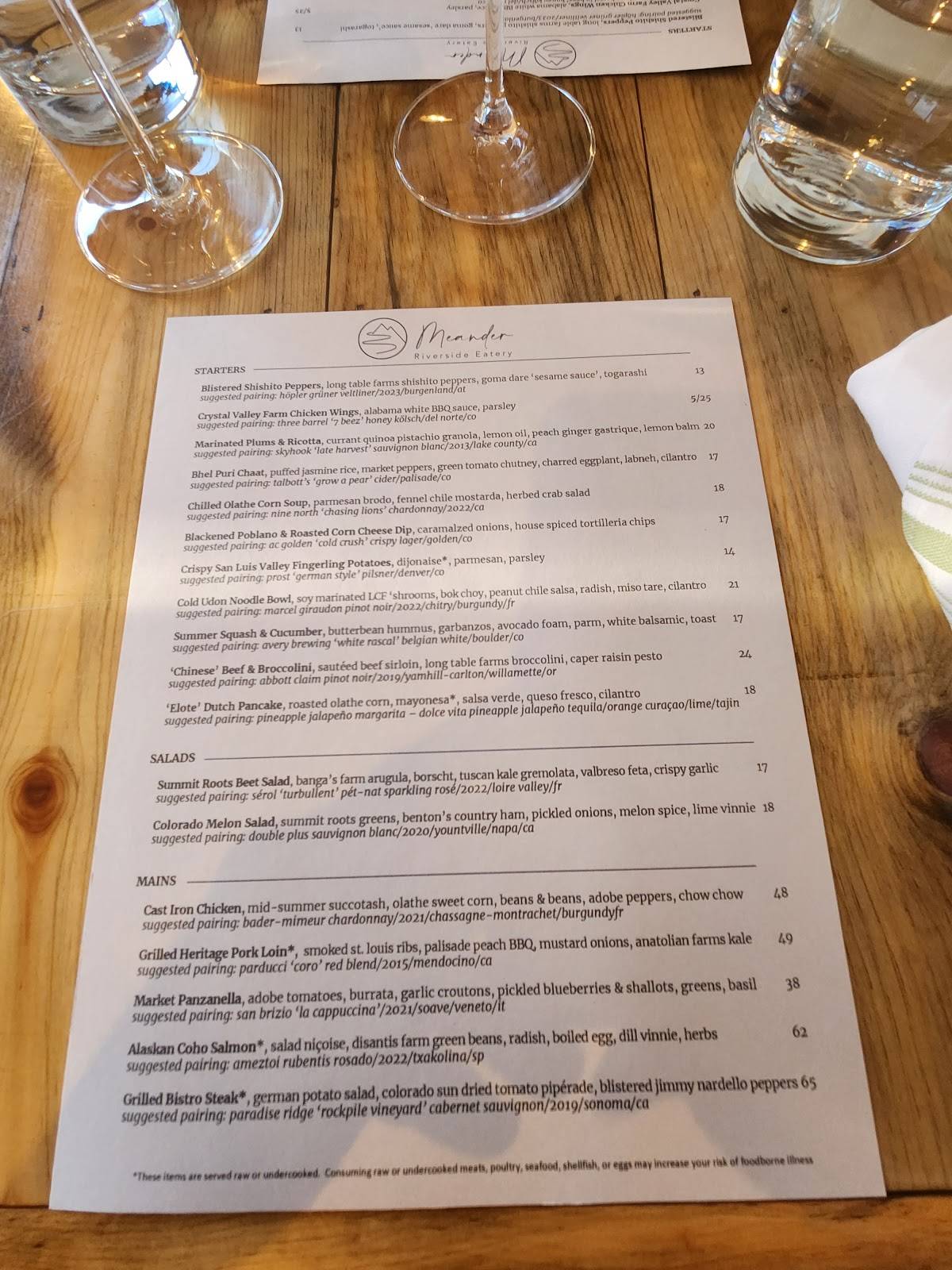 Menu at Meander Riverside Eatery pub & bar, Pagosa Springs